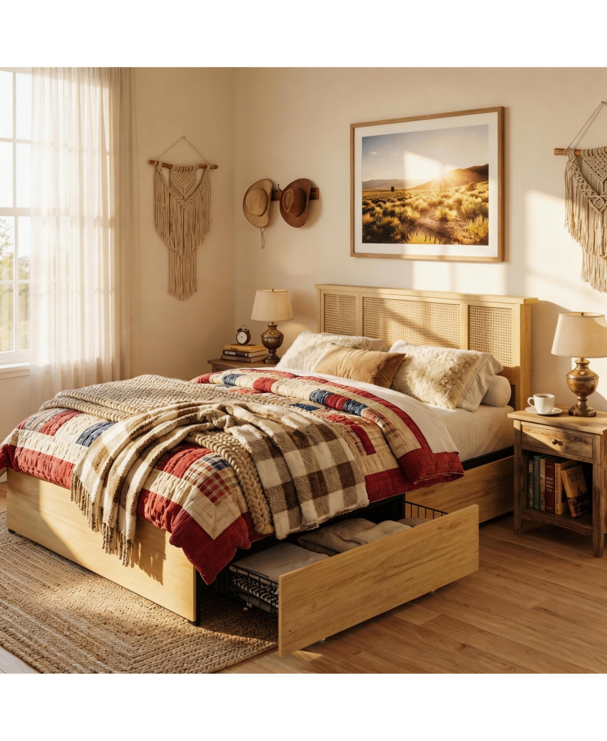 Click here for homfan Rattan Bed with Headboard  Bed Frame with L... prices
