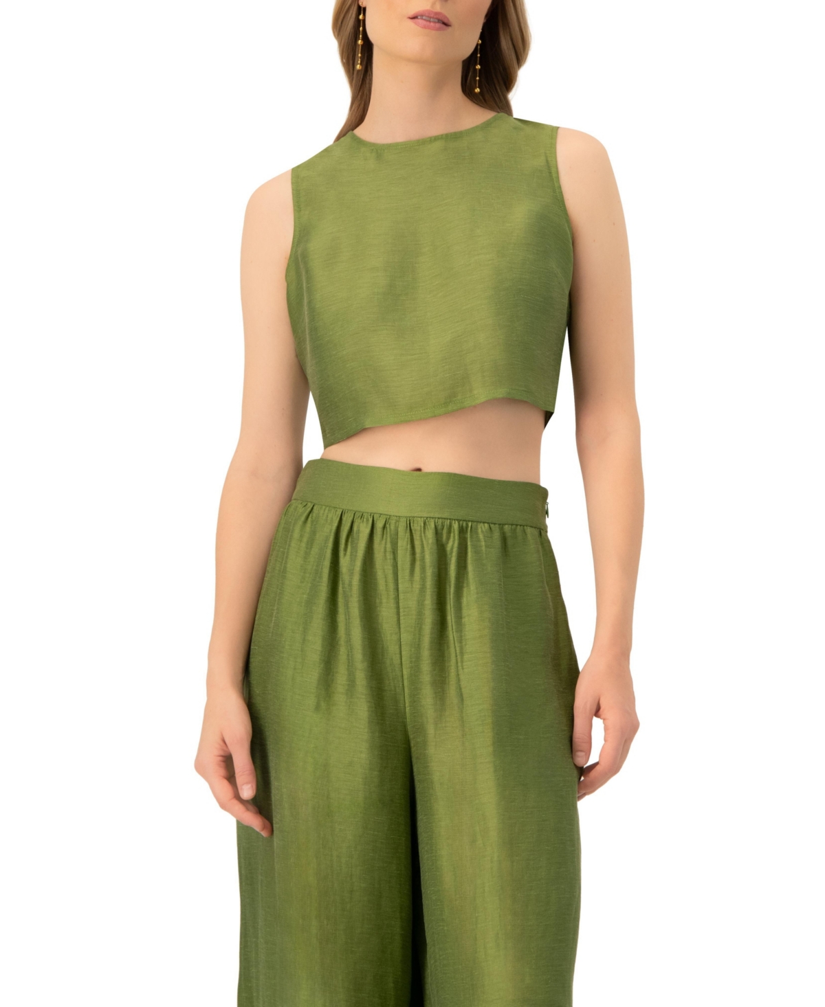 Click here for Ivonne Womens Sleeveless Cropped Linen Top - Green prices