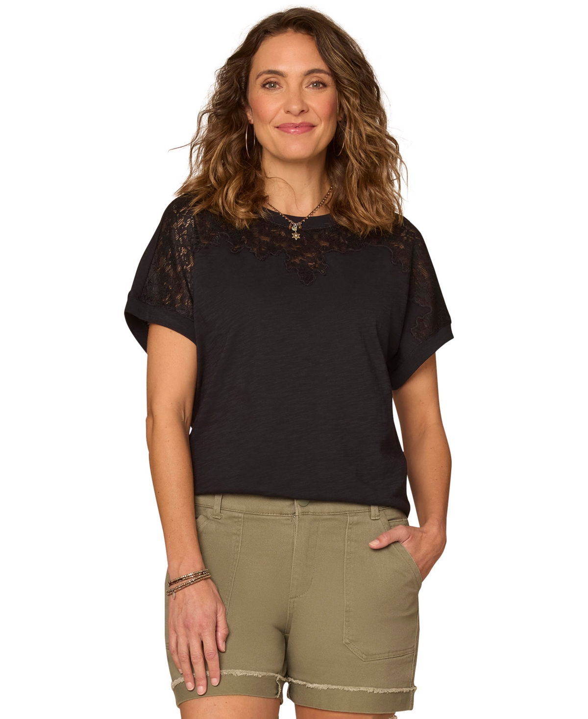 Click here for Democracy Petite Lace-Trim Crewneck Knit Top - Bla... prices