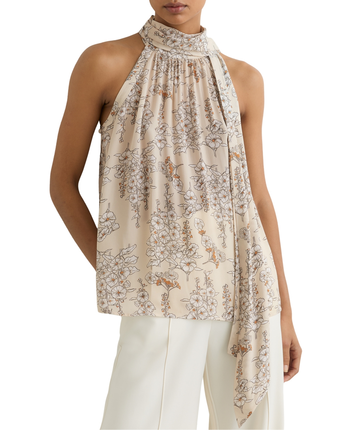 Click here for Reiss Womens Floral-Print Scarf-Neck Top - Cream prices