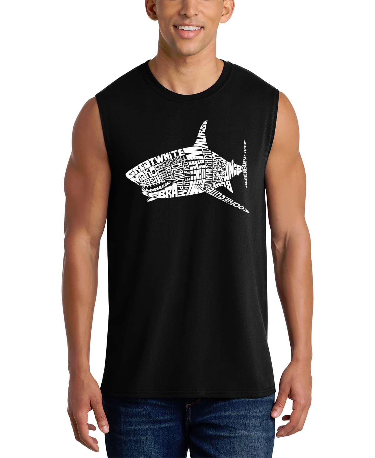 Click here for La Pop Art Mens Shark Word Art Tank Top - Black prices