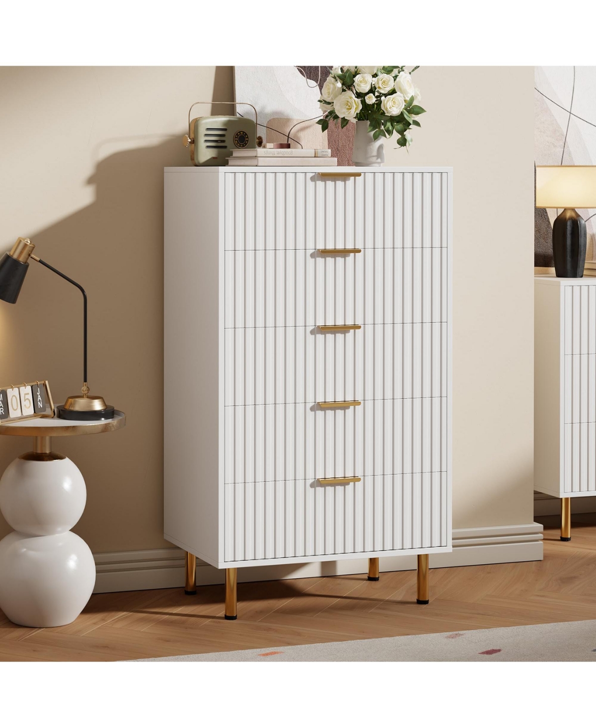 Click here for homfan Modern Fluted 5 Drawer Dresser - 48 Tall Wo... prices