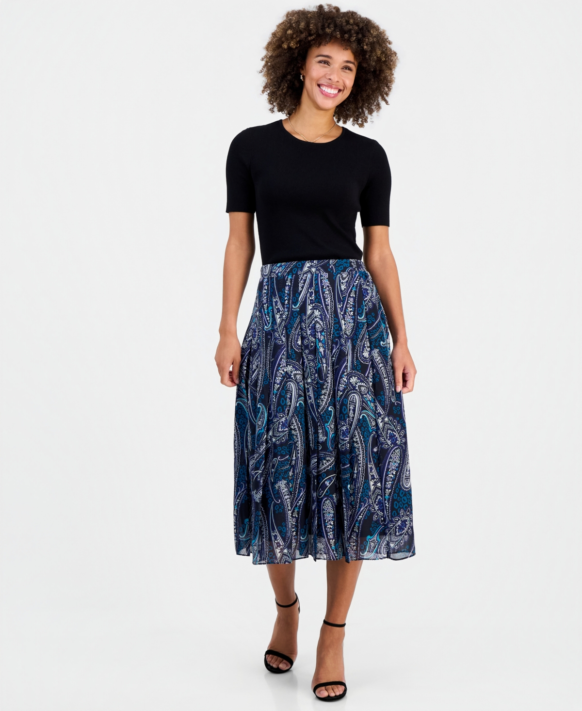 Click here for Kasper Womens Printed Pleated Pull-On Midi Skirt -... prices