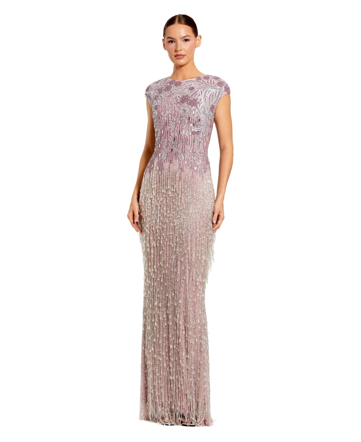 Click here for Mac Duggal Womens Fringe Beaded Mesh Short Sleeve... prices