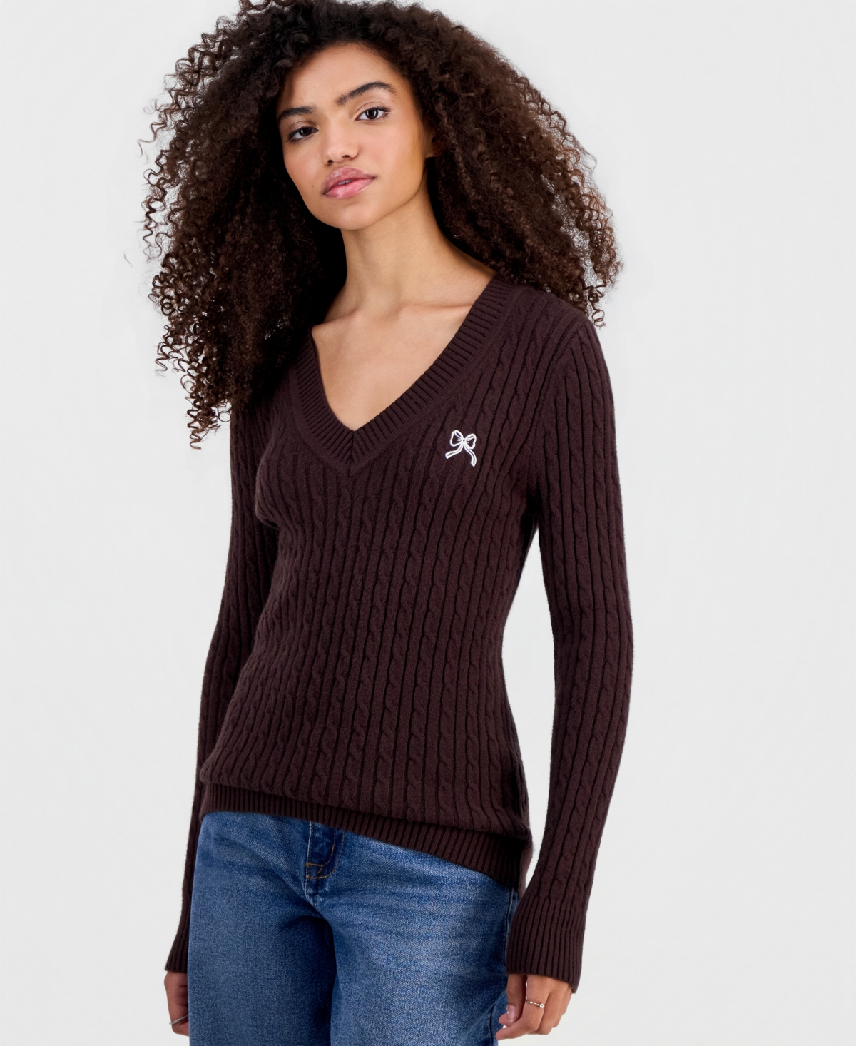 Click here for Madden Girl Juniors Longline V-Neck Cable-Knit Swe... prices