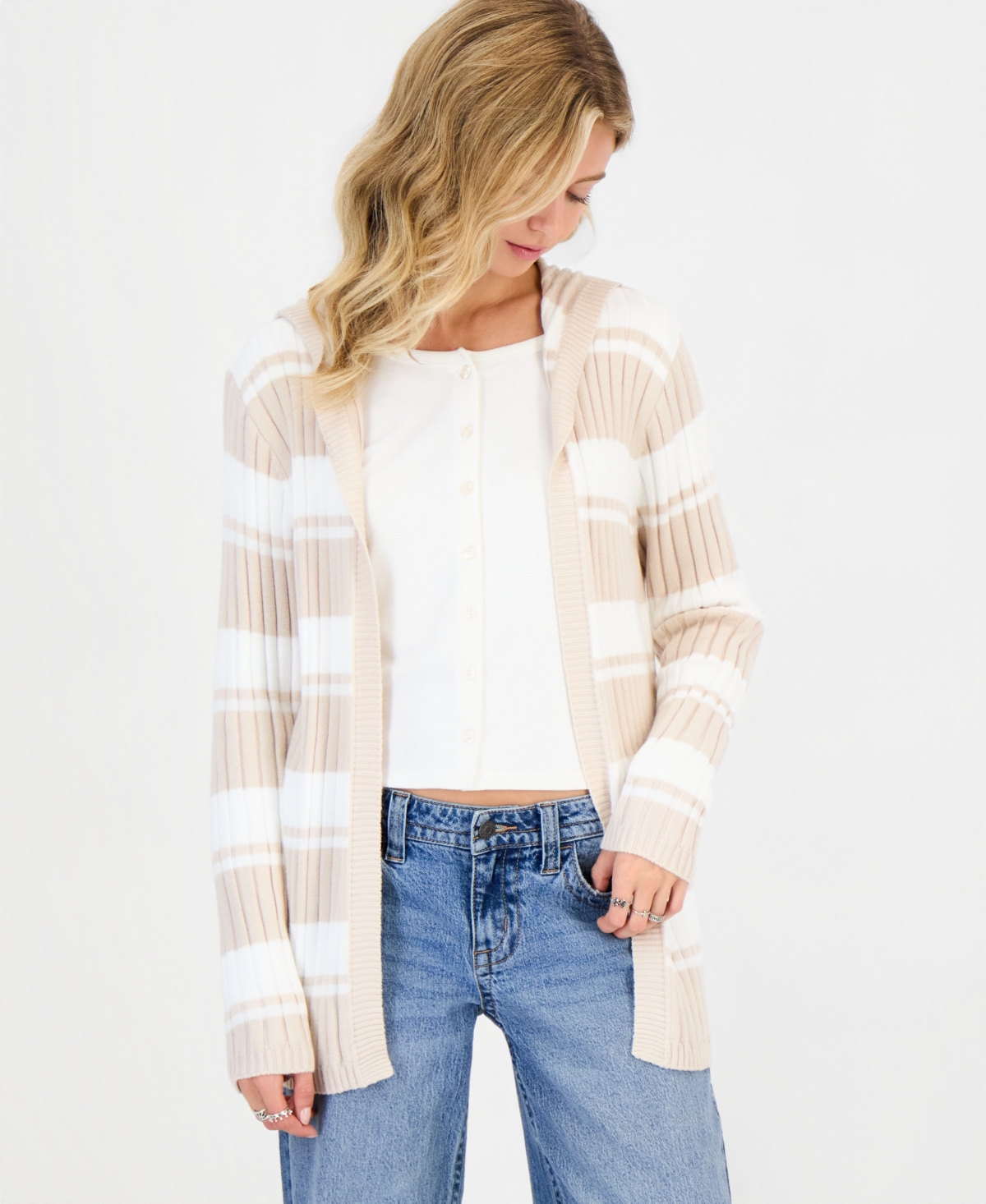 Click here for Madden Girl Juniors Open-Front Hooded Ribbed Cardi... prices