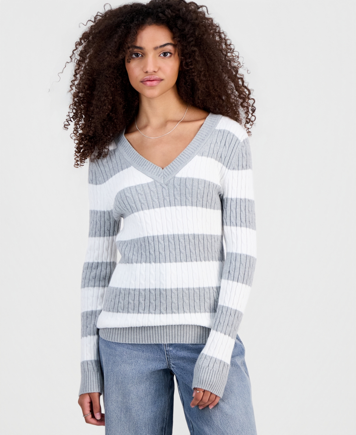 Click here for Madden Girl Juniors Longline V-Neck Cable-Knit Swe... prices