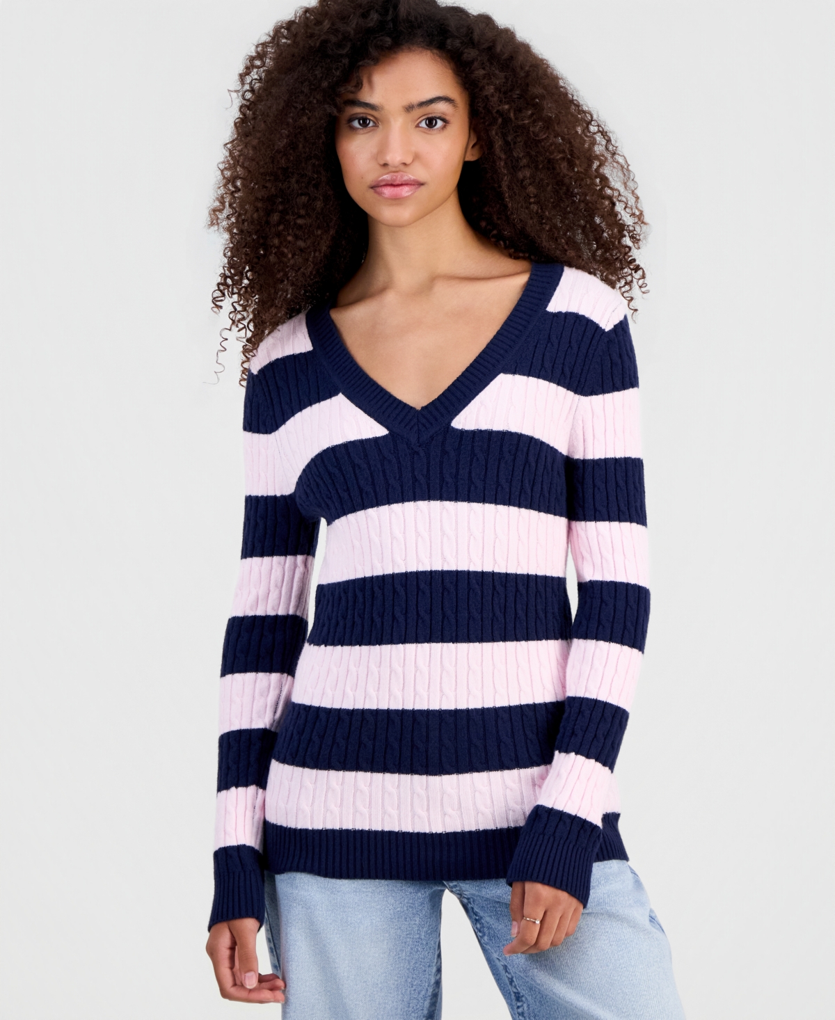 Click here for Madden Girl Juniors Longline V-Neck Cable-Knit Swe... prices