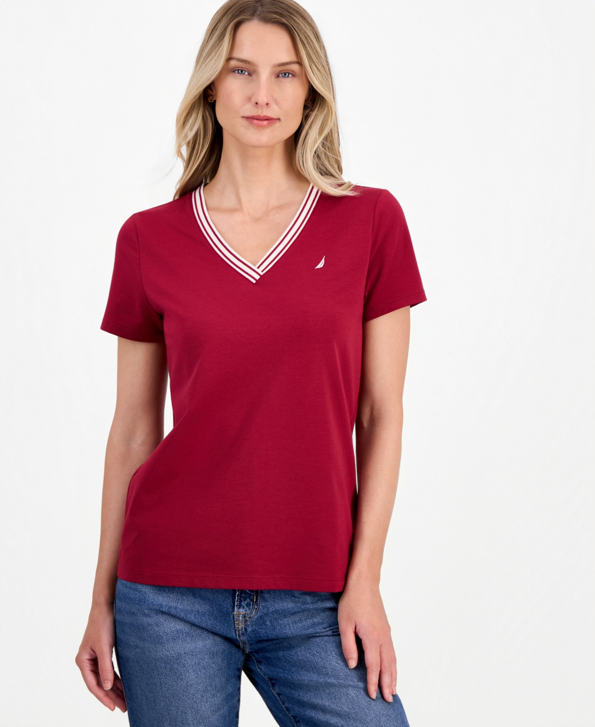 Click here for Nautica Jeans Womens Solid Stripe-Trim V-Neck - Cr... prices
