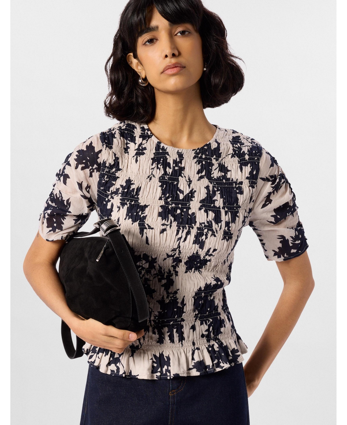Click here for Whistles Womens Smocked Floral Ruffle Hem Peplum B... prices