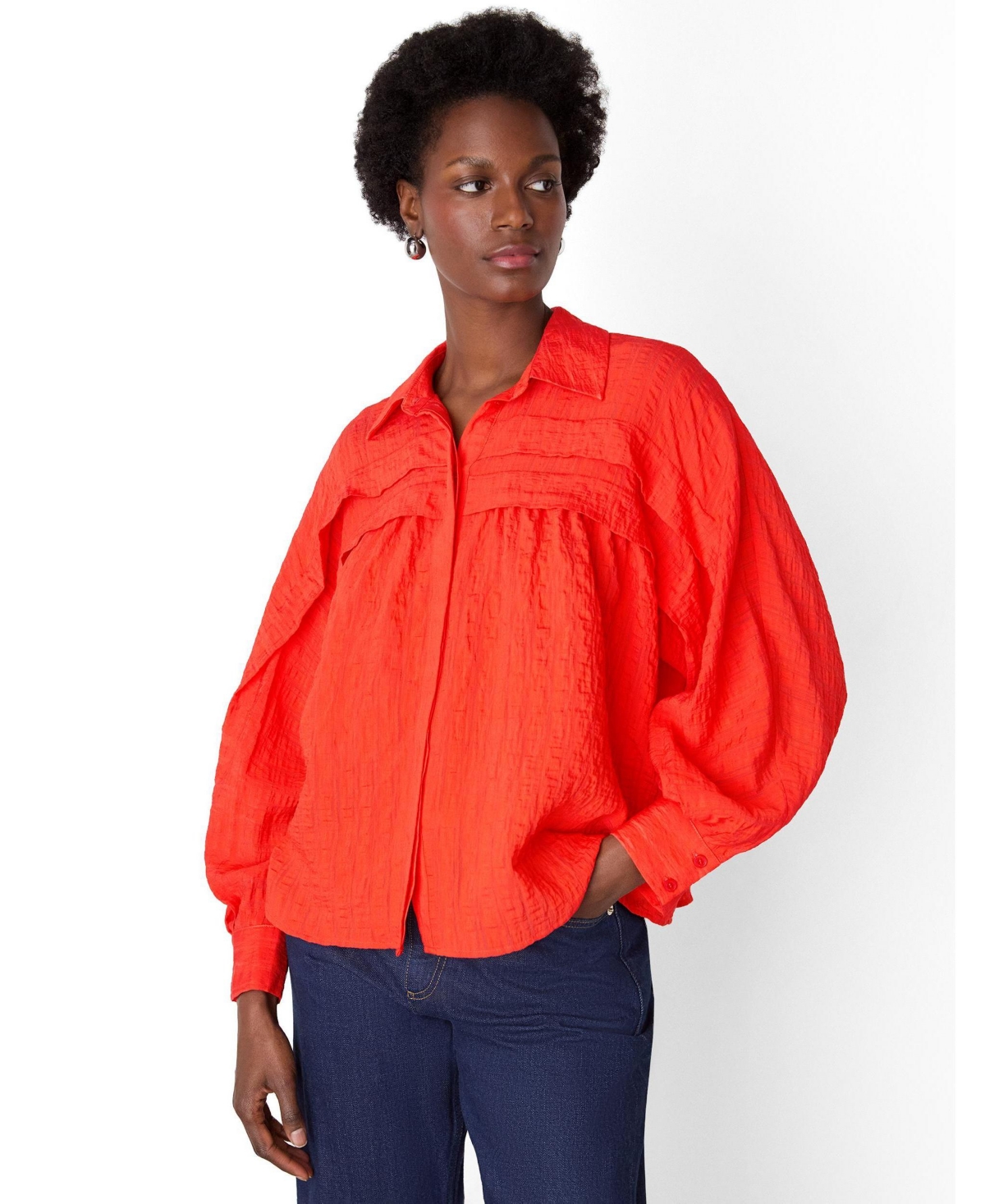 Click here for Whistles Womens Textured Frill Detail Blouse - Red prices