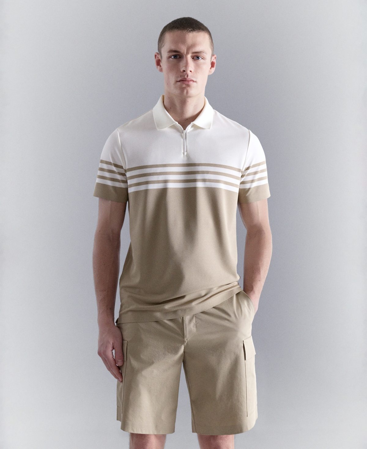 Click here for Mango Mens Two-Tone Zip-Neck Polo Shirt - Beige prices