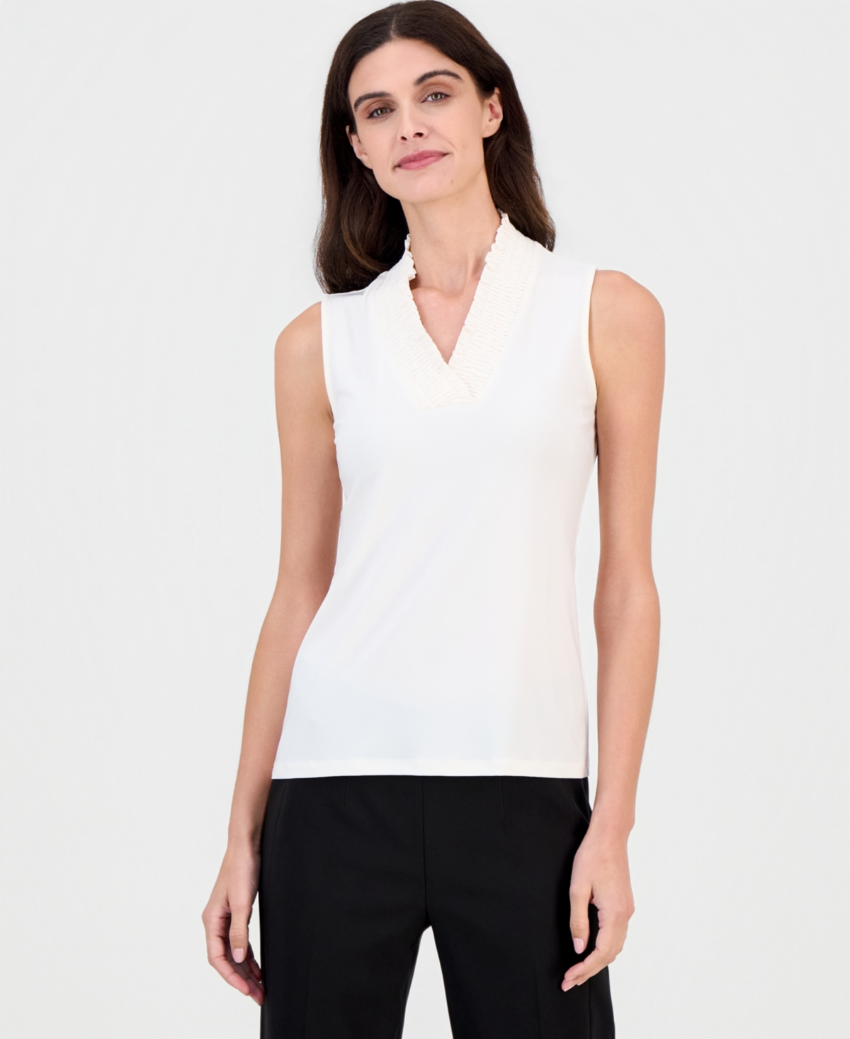 Click here for Anne Klein Womens Sleeveless Smocked V-Neck Top -... prices