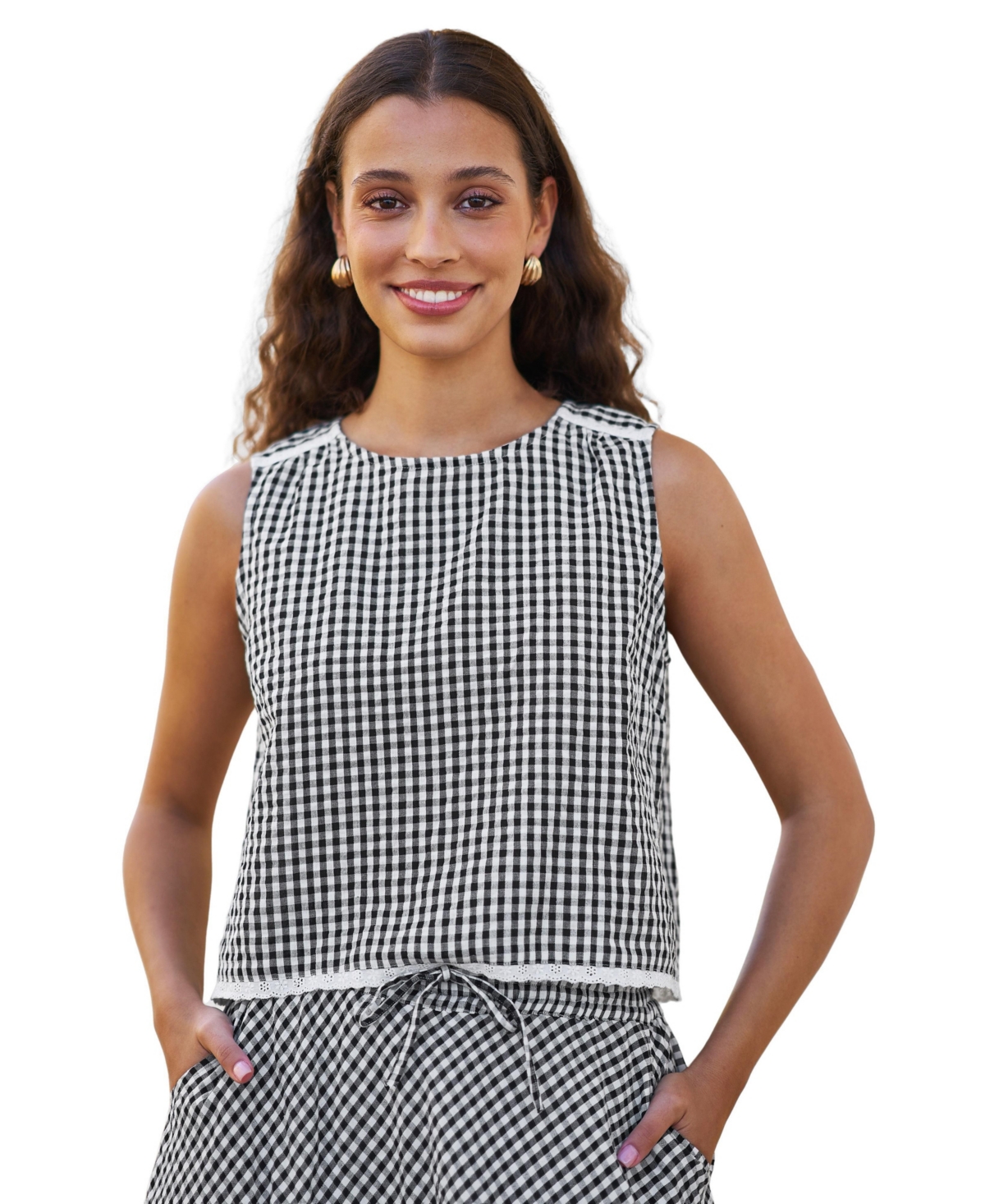 Click here for Yumi Womens Gingham Lace-Trim Sleeveless Top - Bla... prices