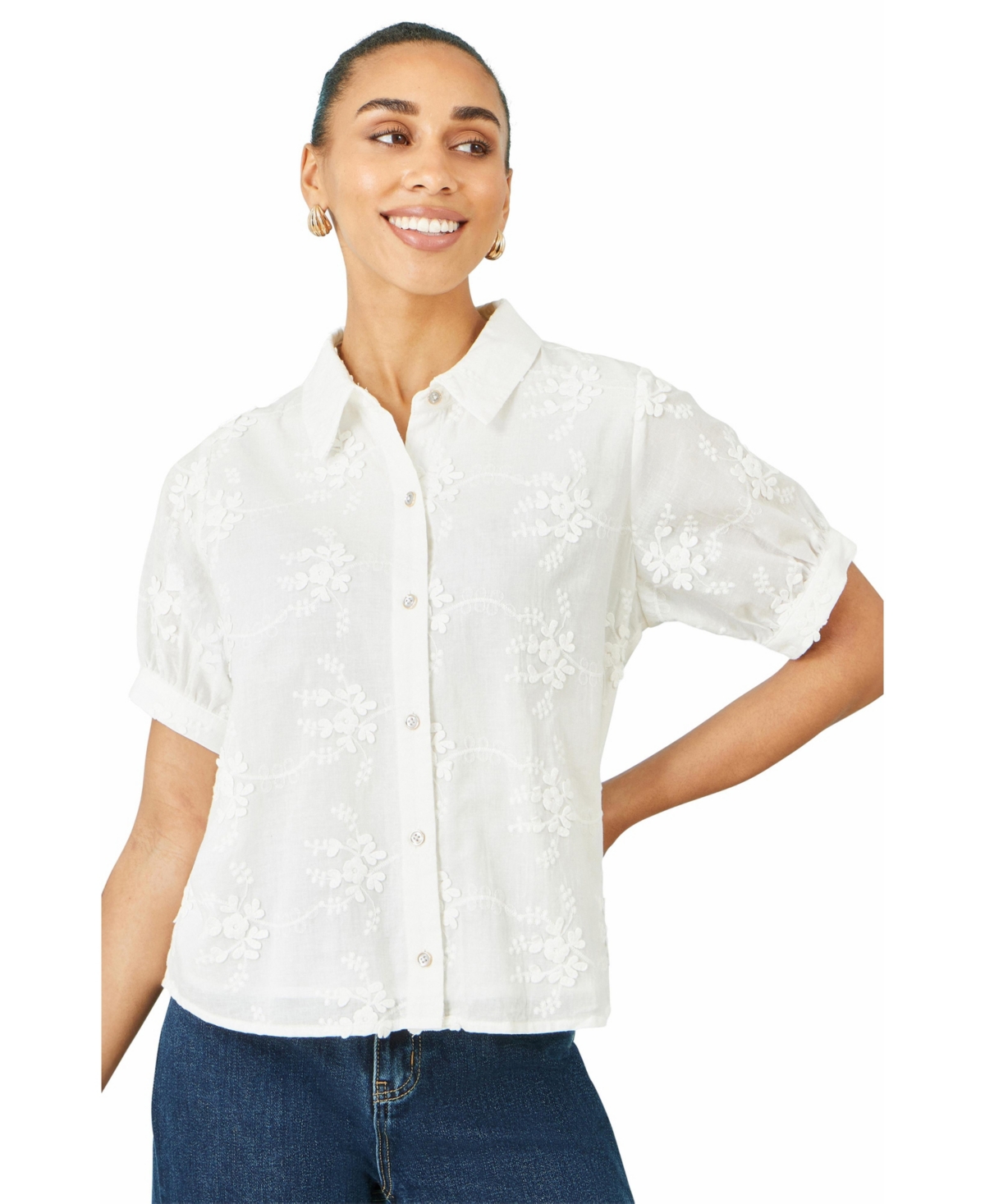 Click here for Yumi Womens Cotton Flower Applique Shirt - White prices