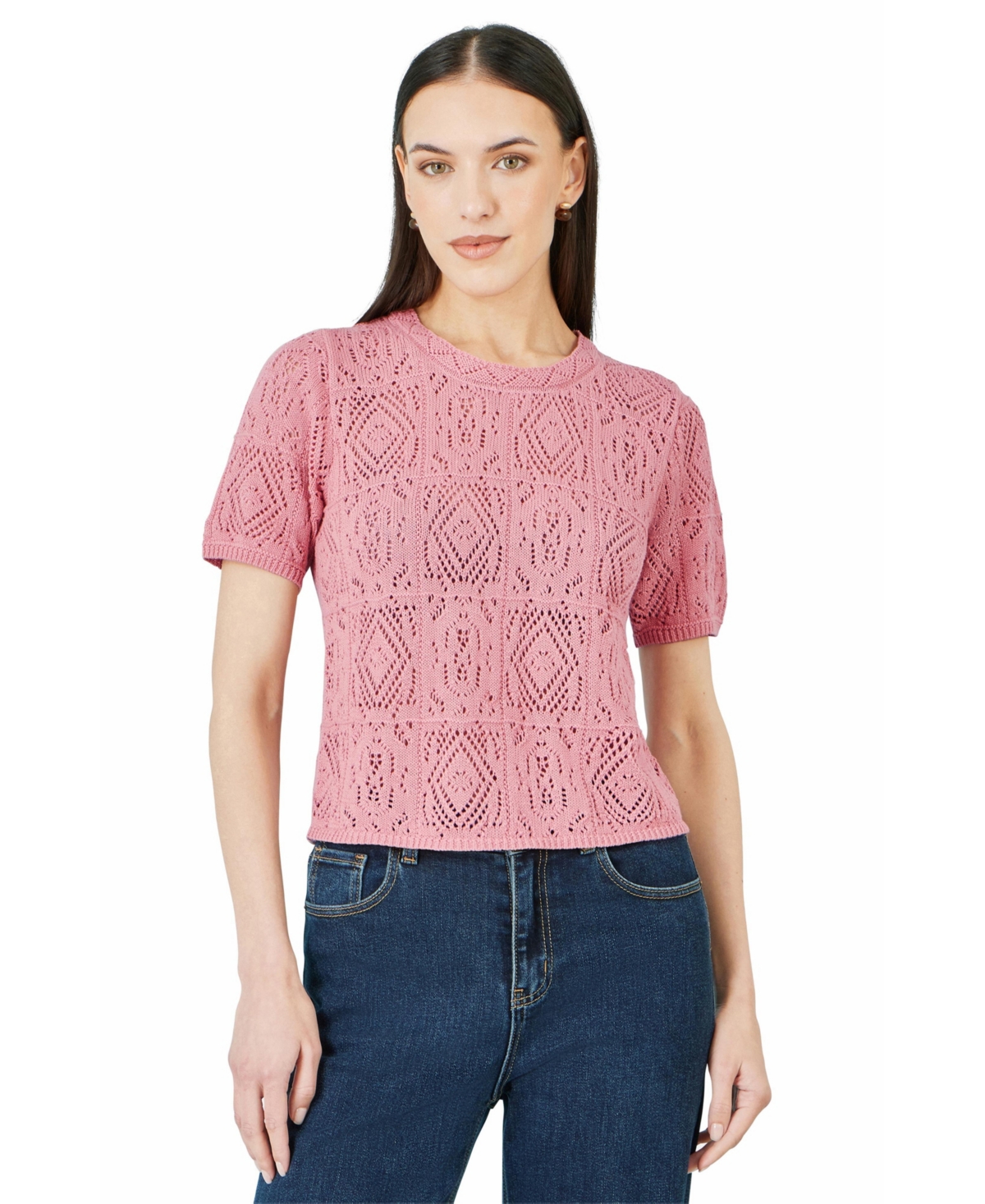 Click here for Yumi Womens Cotton Crochet Knitted Top - Pink prices