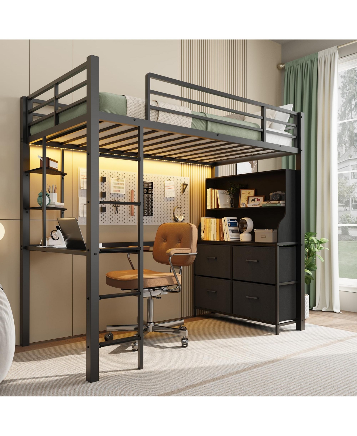 Click here for homfan Loft Bed with Desk  Metal Loft Bed with Led... prices