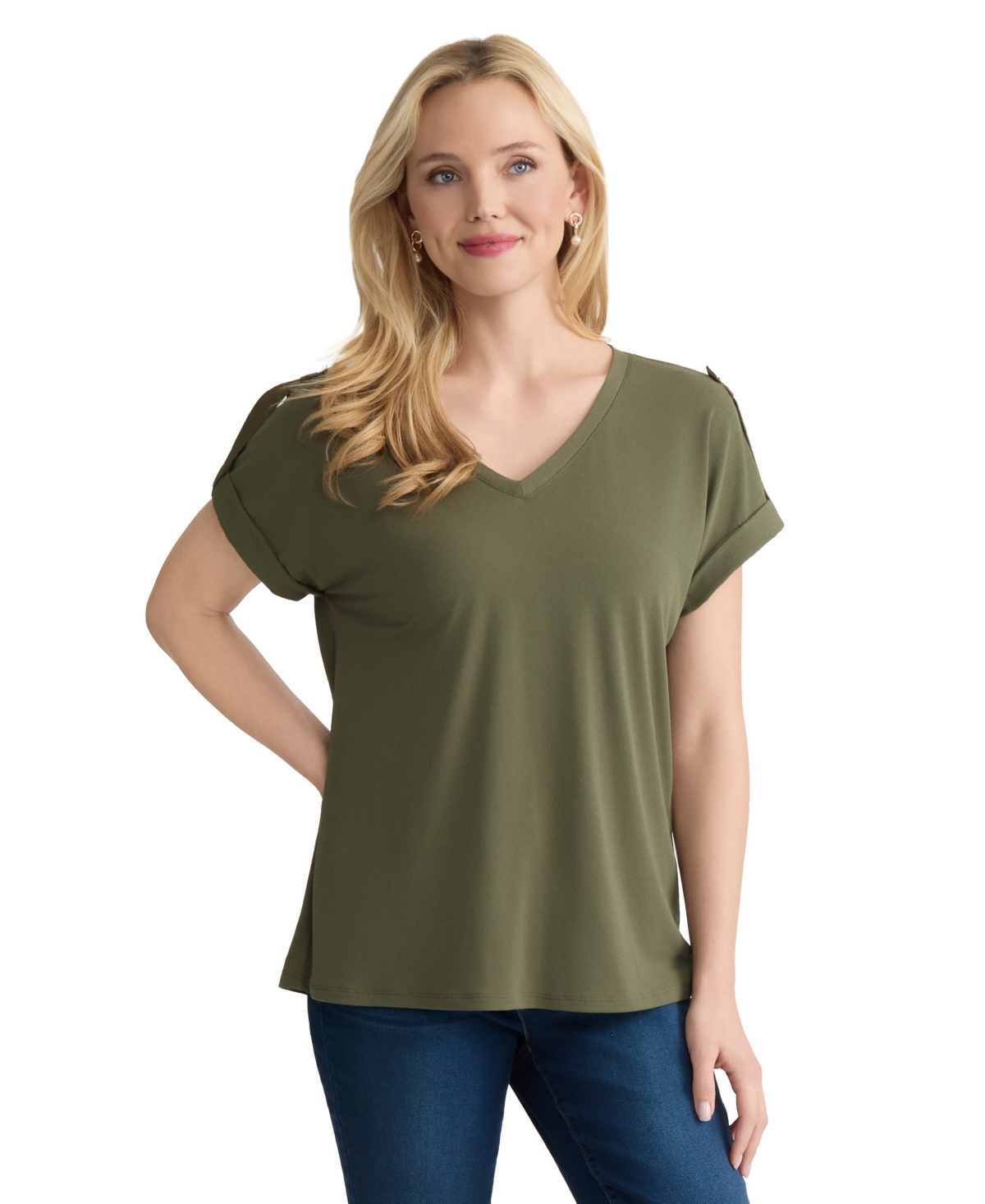 Click here for Jones New York Womens Roll Cuff Tab T-Shirt - Jasp... prices