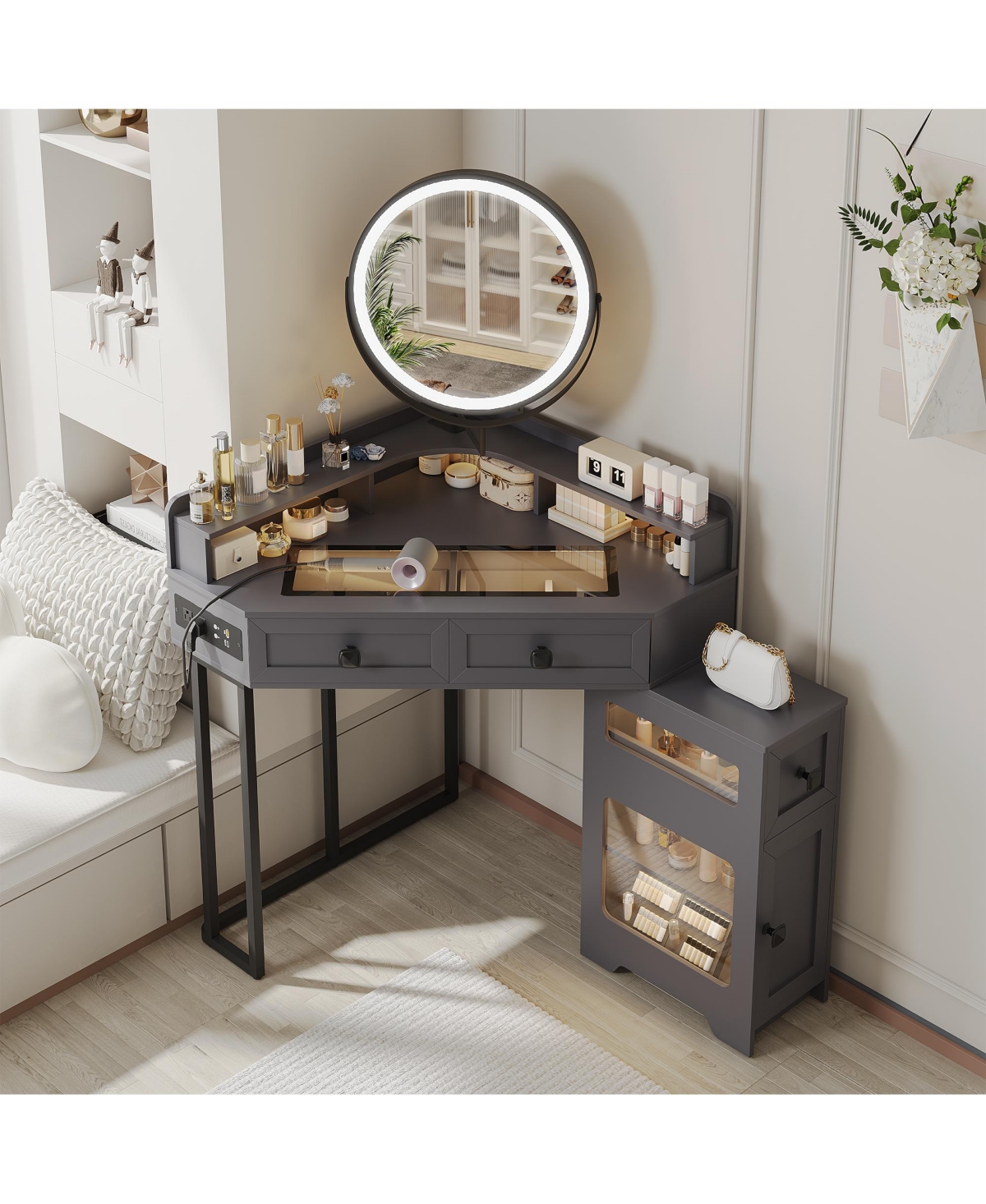 Click here for Vlsrka Corner Vanity with Mirror and Lights - Grey prices