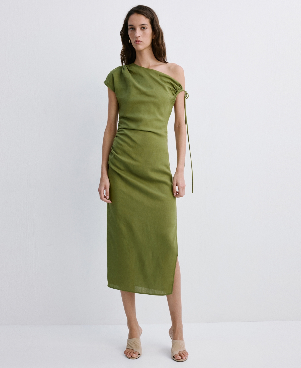 Click here for Mango Womens Side Ruched Asymmetric Dress - Green prices