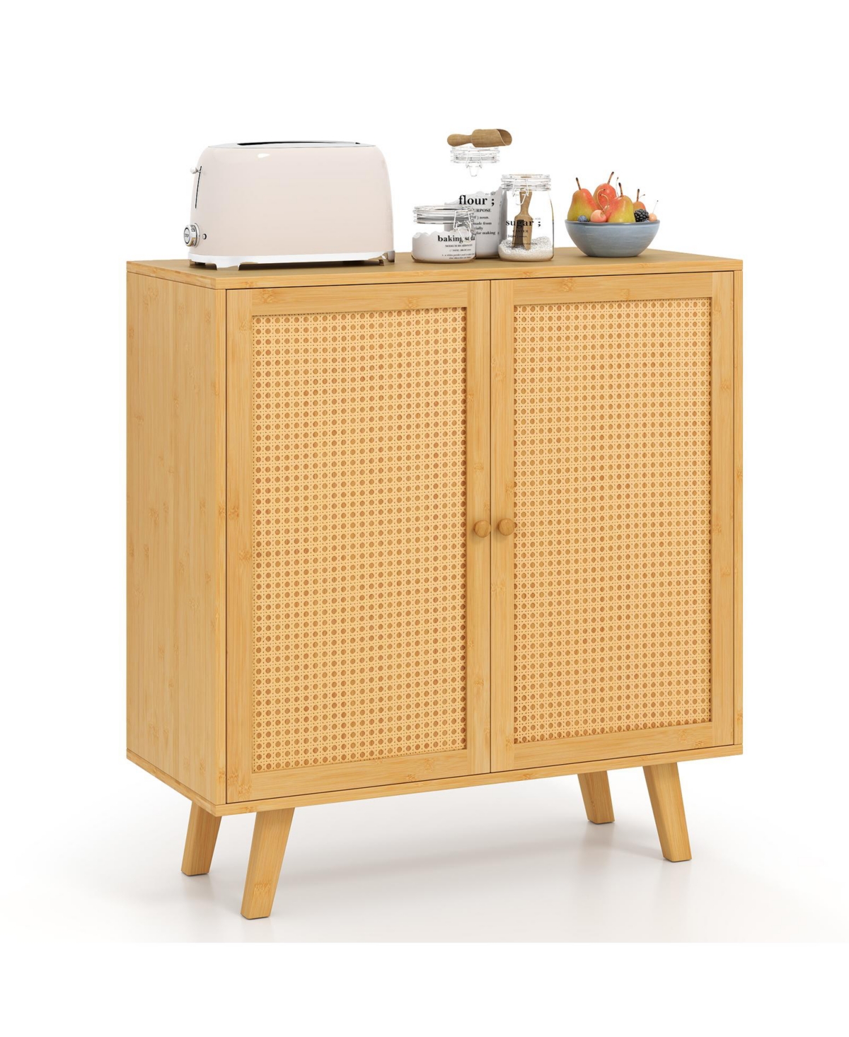 Gouun Bamboo Buffet Storage Cabinet with Pe Rattan Doors  31.5 x 13.5 x 33.5 - Natural