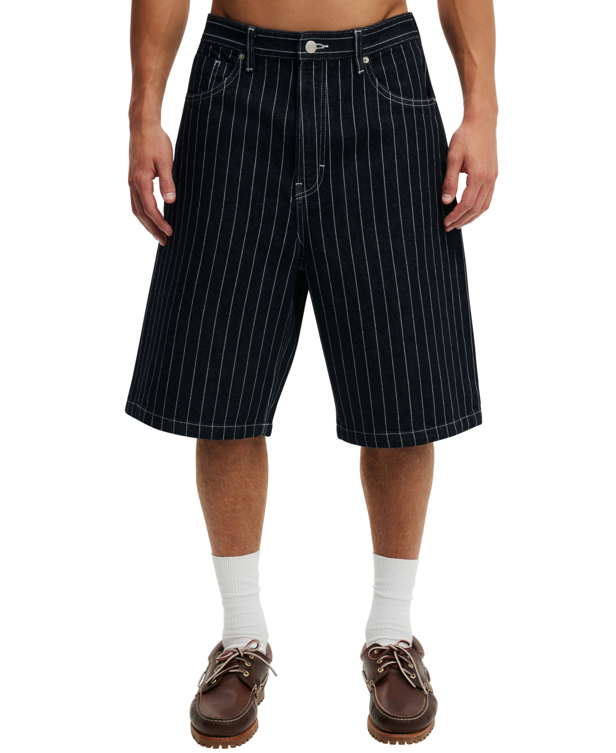 Click here for Cotton On Mens Super Baggy Jort Shorts - pinstripe... prices