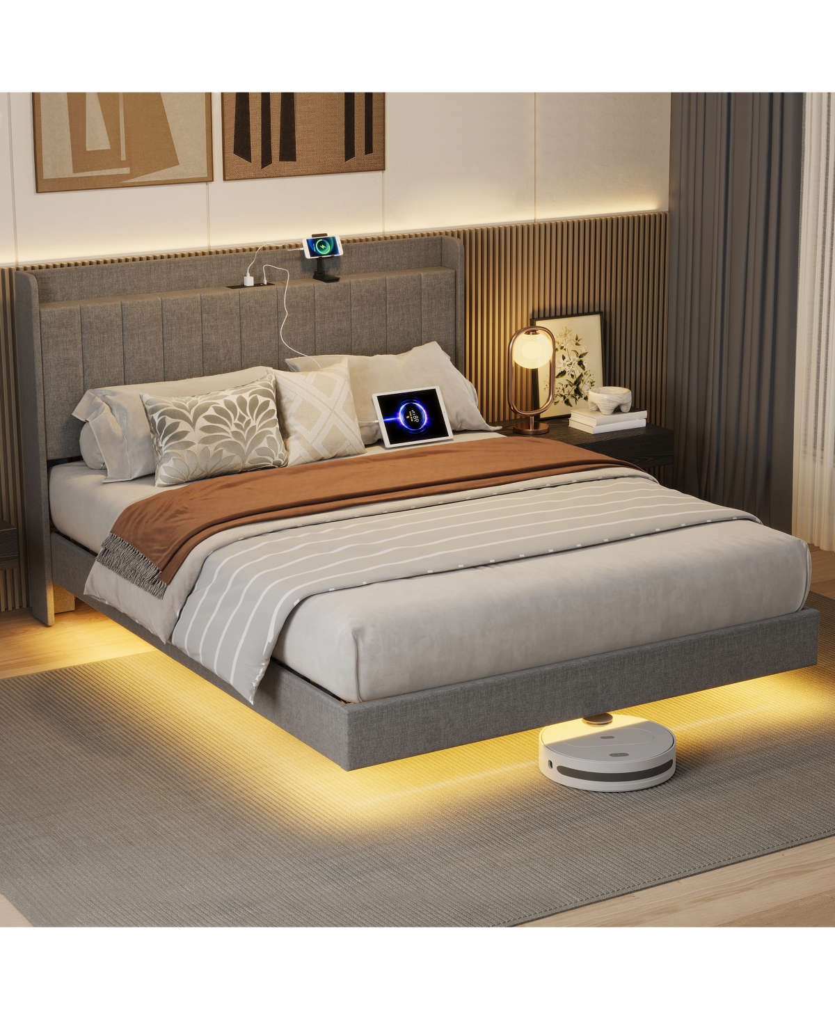 Click here for homfan Floating Bed Frame with Led Lights  Upholst... prices