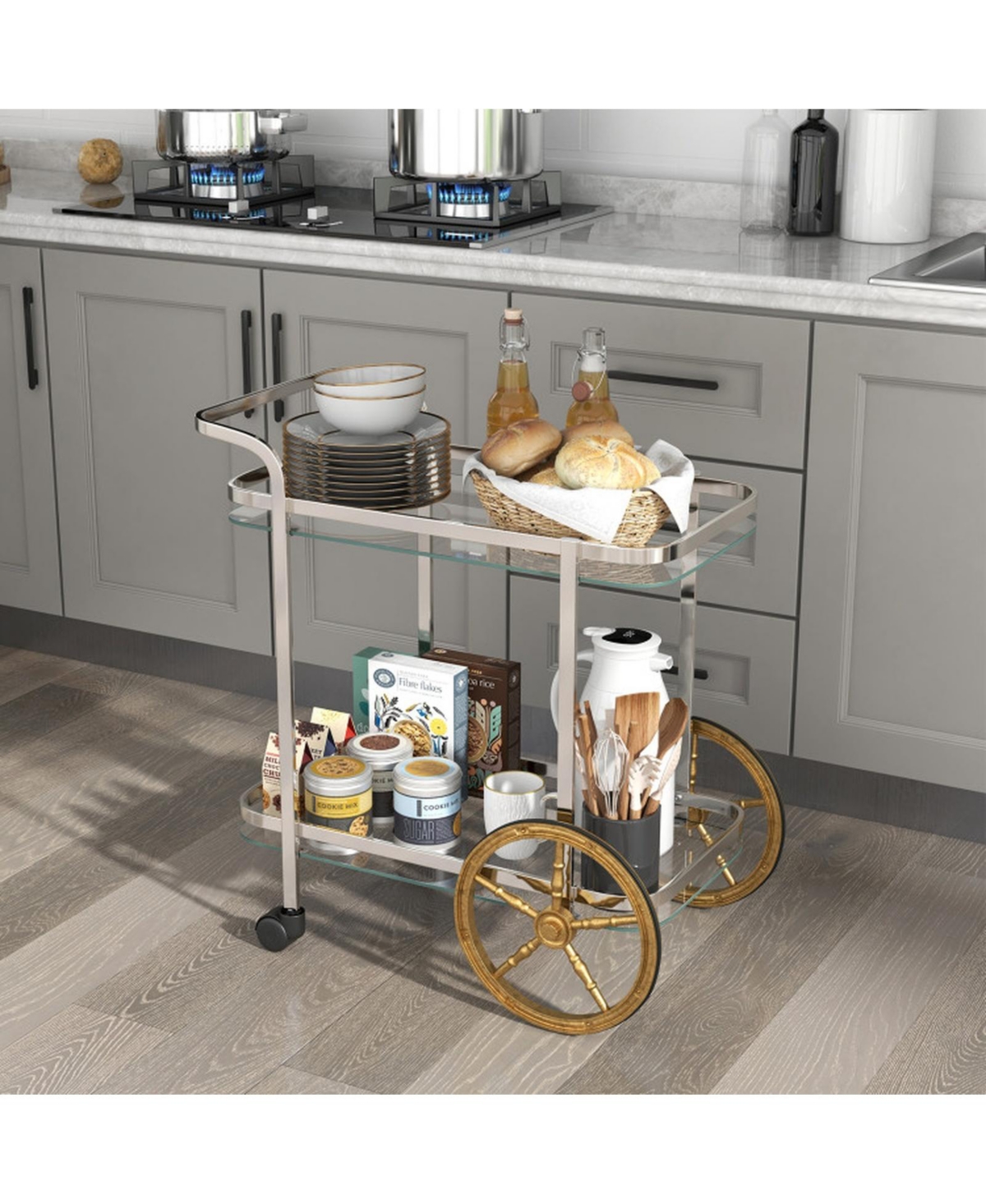 Click here for Gouun 2-Tier Tempered Glass Bar Cart with Rolling... prices