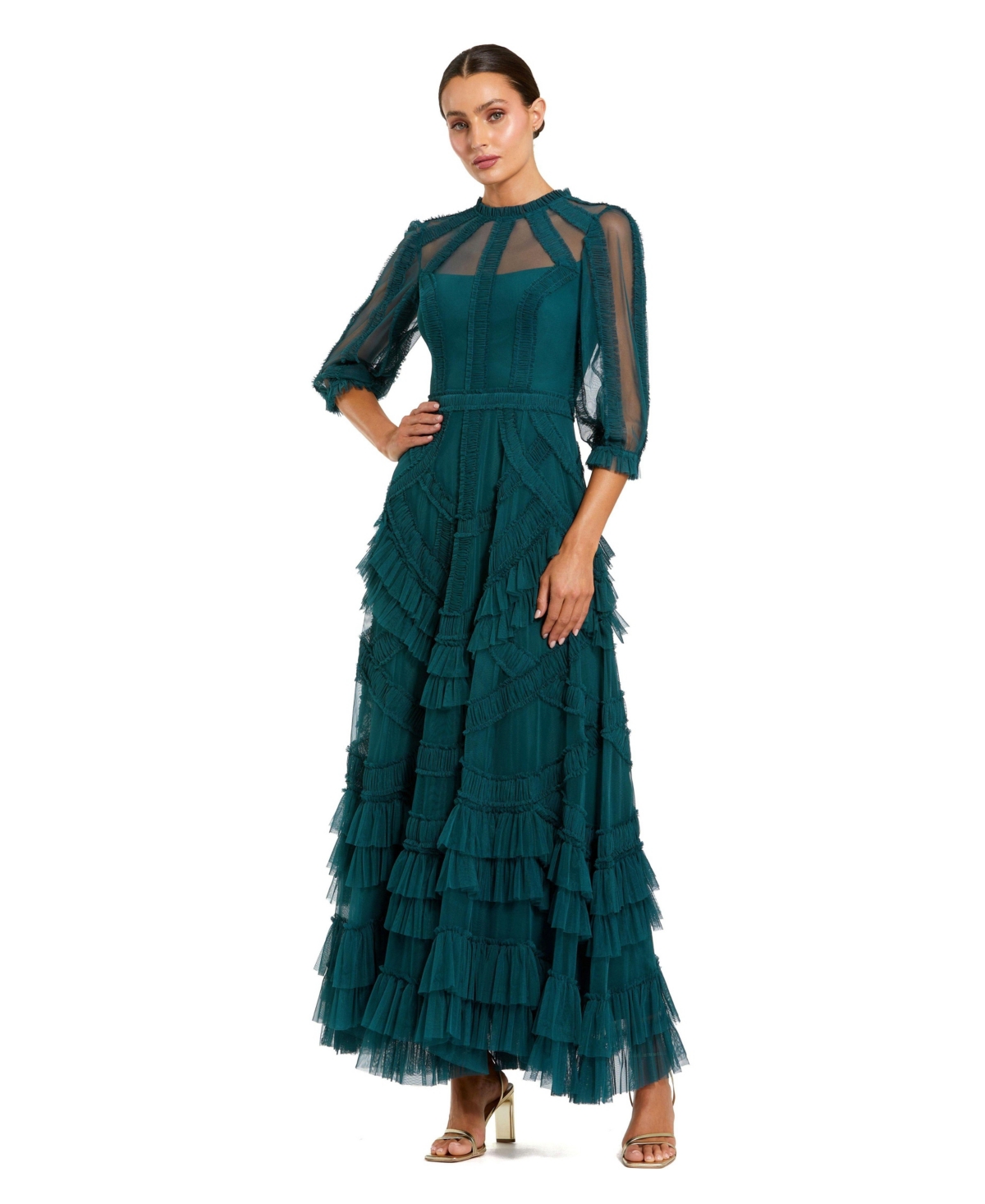 Click here for Mac Duggal Womens Sleeve Tiered Ruffle Mesh Gown -... prices