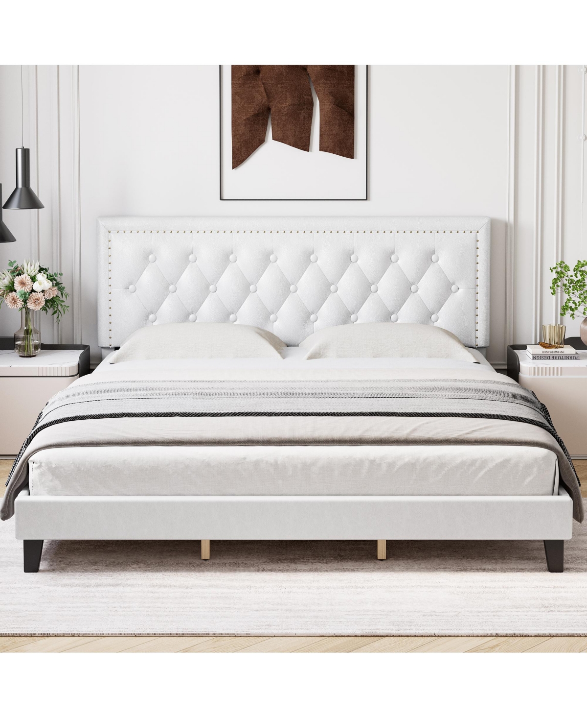 Click here for homfan Modern Bed Frame with Leather Headboard  Ex... prices