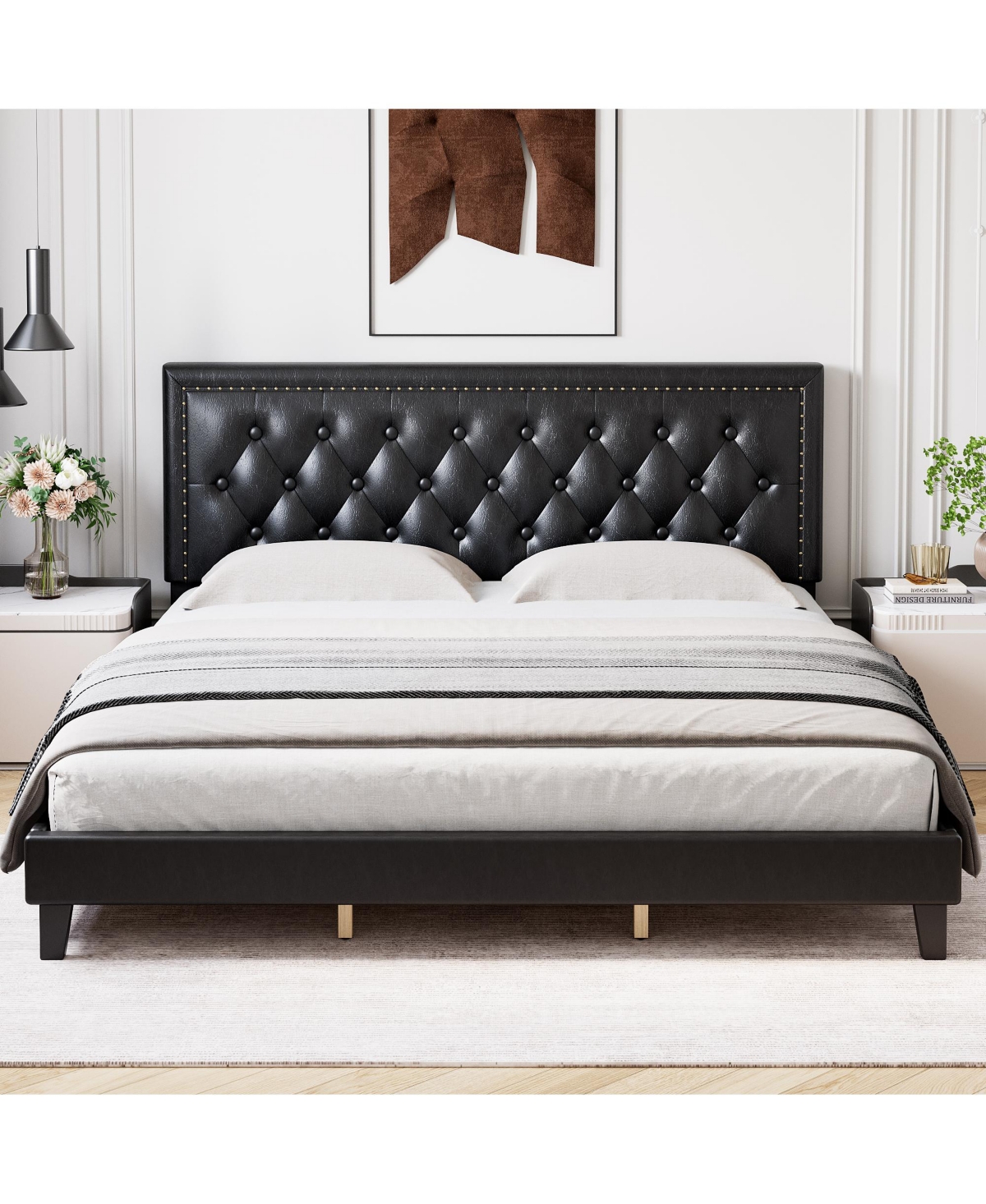 Click here for homfan Modern Bed Frame with Leather Headboard  Ex... prices