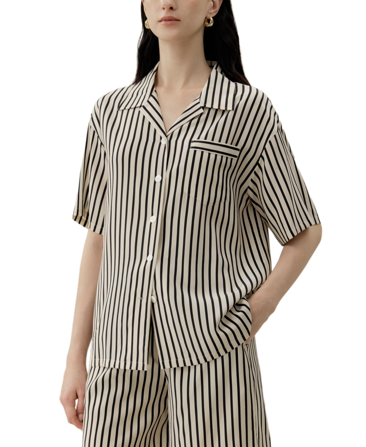 Click here for Lilysilk Womens Striped Silk Cuban Collar Shirt -... prices