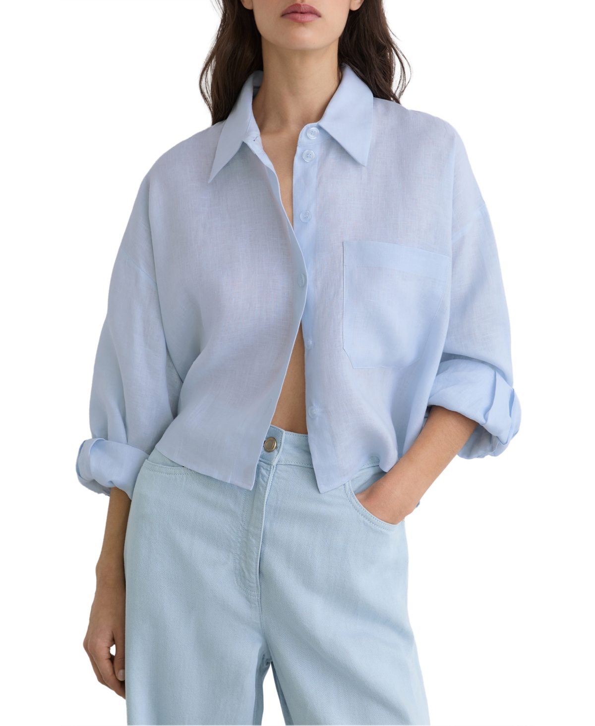 Click here for Reiss Womens Solena Linen Cropped Shirt - Blue prices