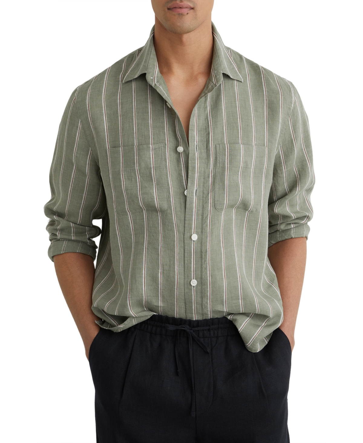 Click here for Reiss Mens Rubus Stripe Linen Shirt - Green  White prices