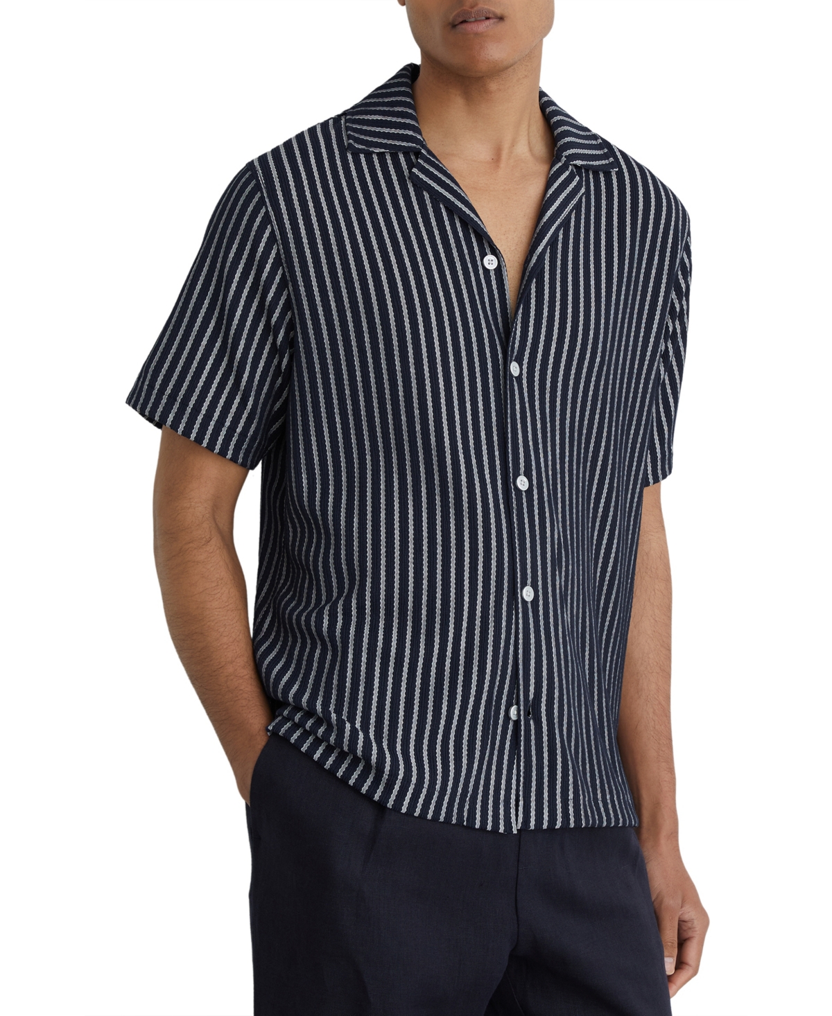 Click here for Reiss Mens Griff Textured Stripe Cuban Shirt - Nav... prices