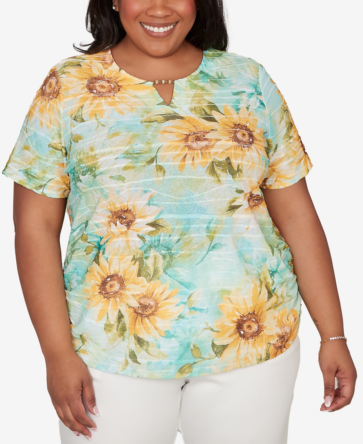 Click here for Alfred Dunner Plus Size Sunflower Split Neck Side... prices