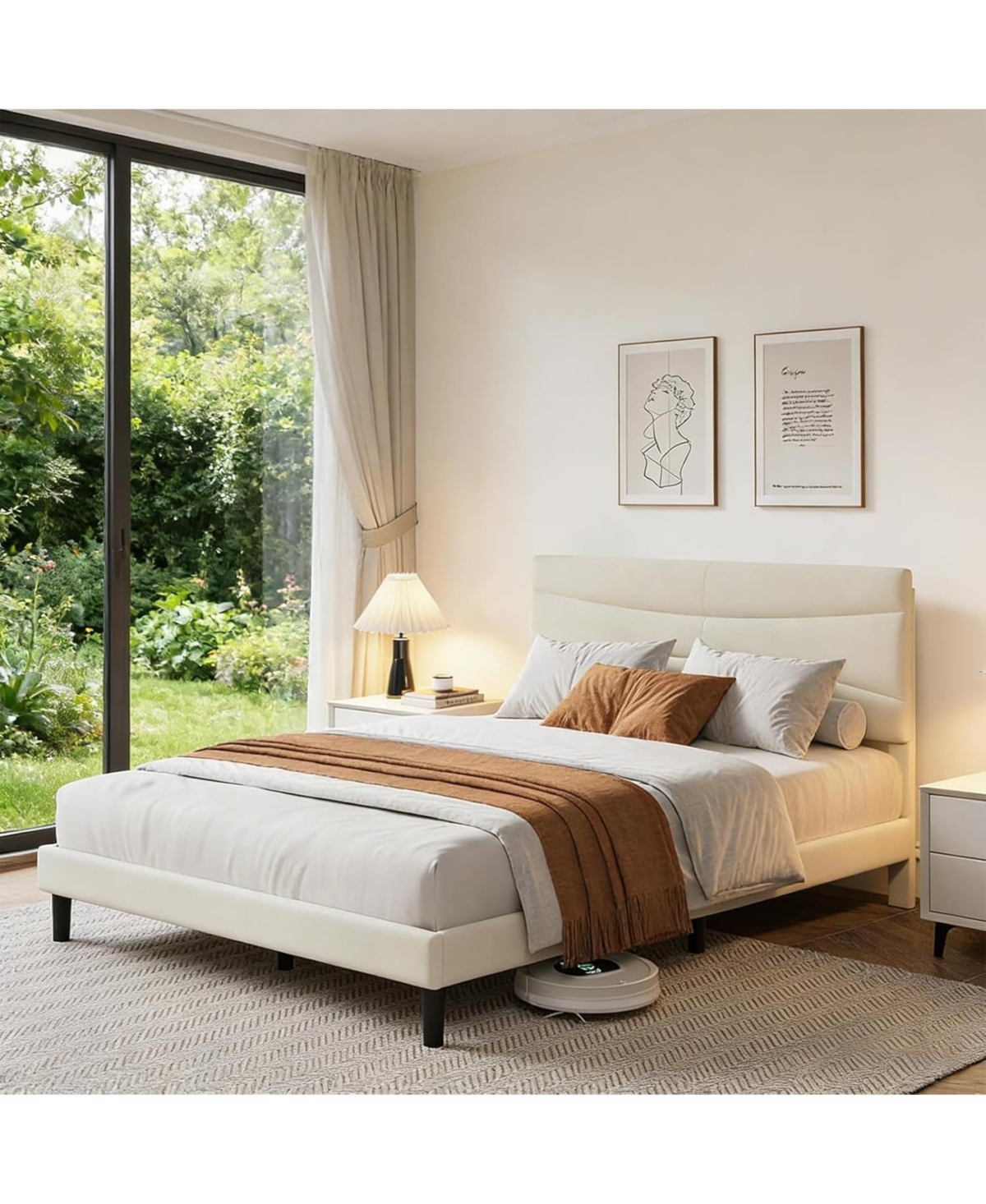 gaomon Bed Frame with Headboard  Velvet Upholstered Platform Bed Frame No Box Spring Needed with Under-Bed Storage and Strong Wood Slats - Beige-witho