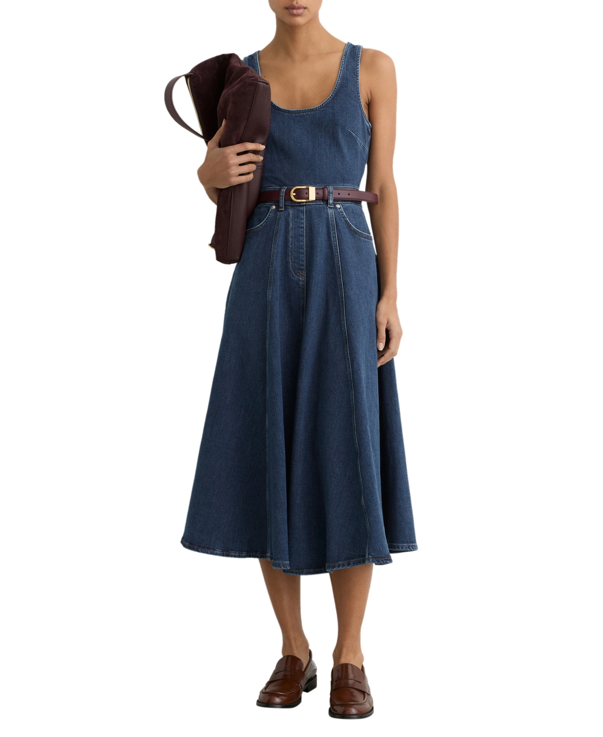 Click here for Reiss Womens Rosie Waisted Denim Midi Dress - Indi... prices