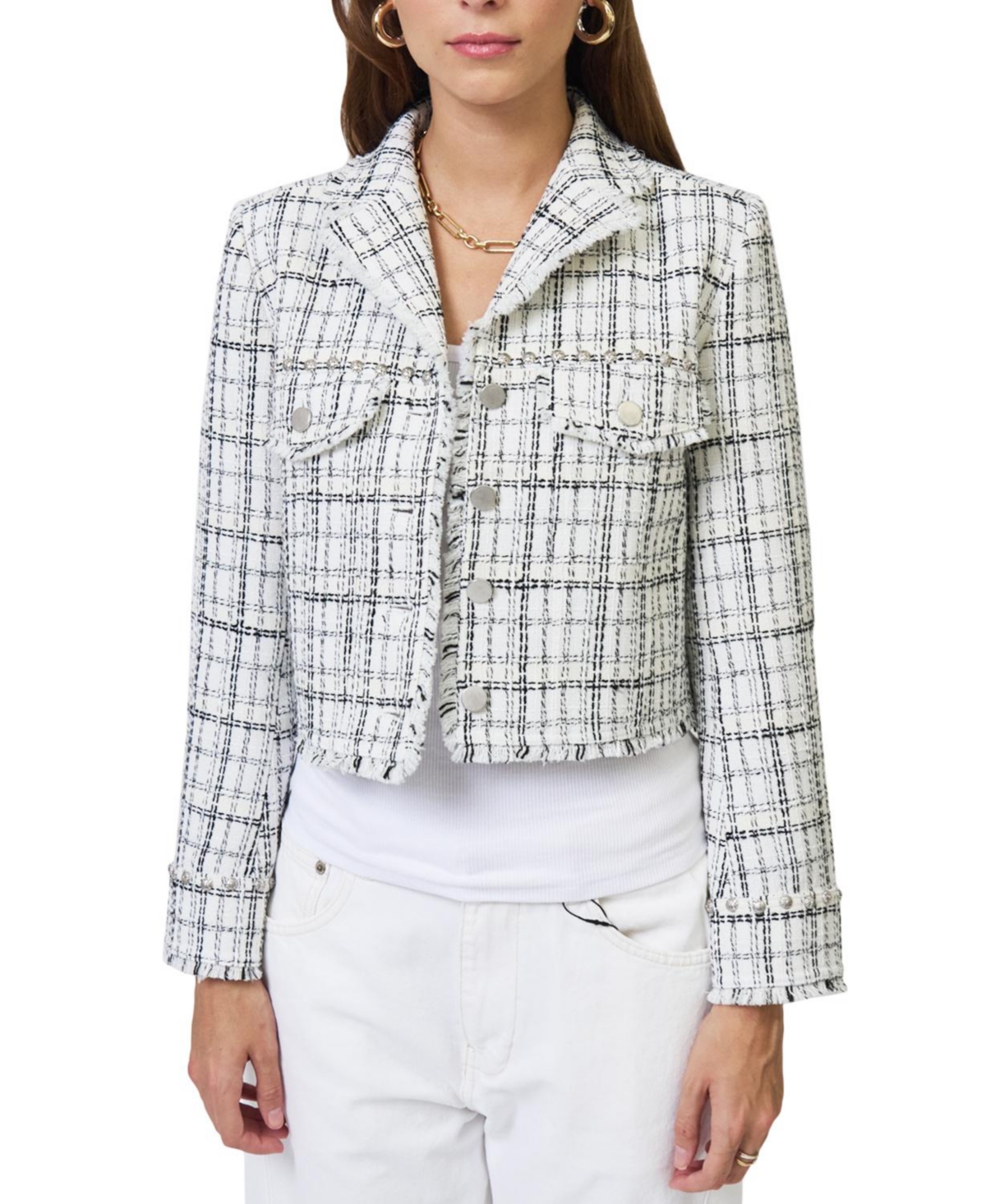 Click here for Central Park West Womens Logan Studded Tweed Jacke... prices