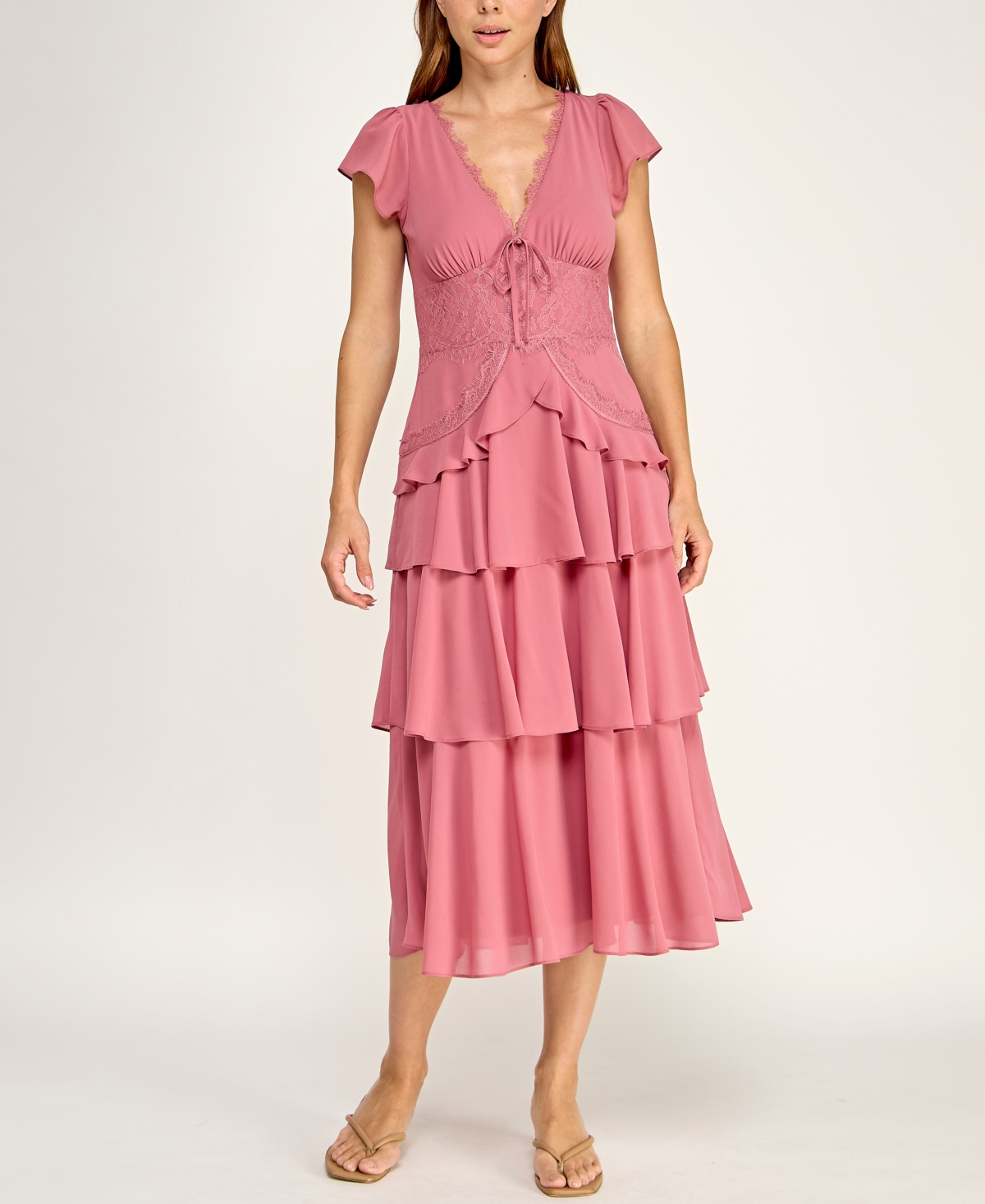 Click here for Row A Juniors Lace Trim Tiered Midi Dress - Mauve prices