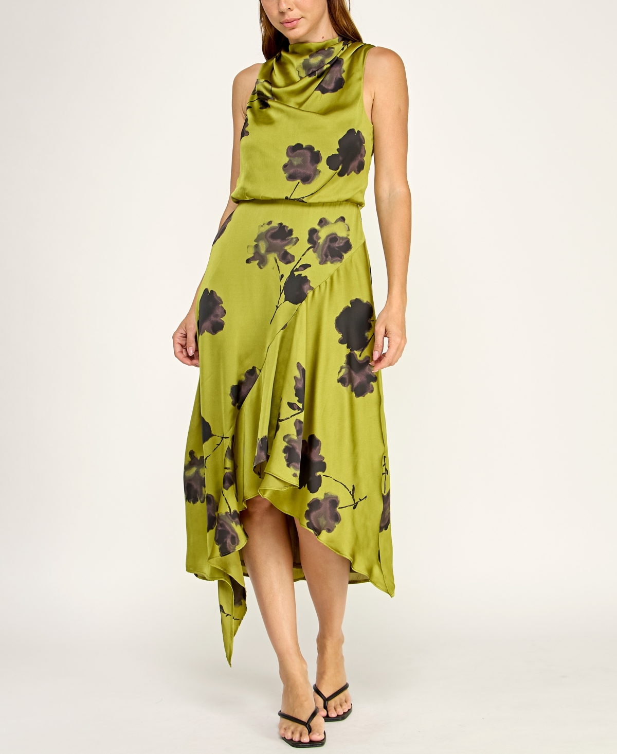 Click here for Row A Juniors Cowl Neck Asymmetric Midi Dress - Ol... prices
