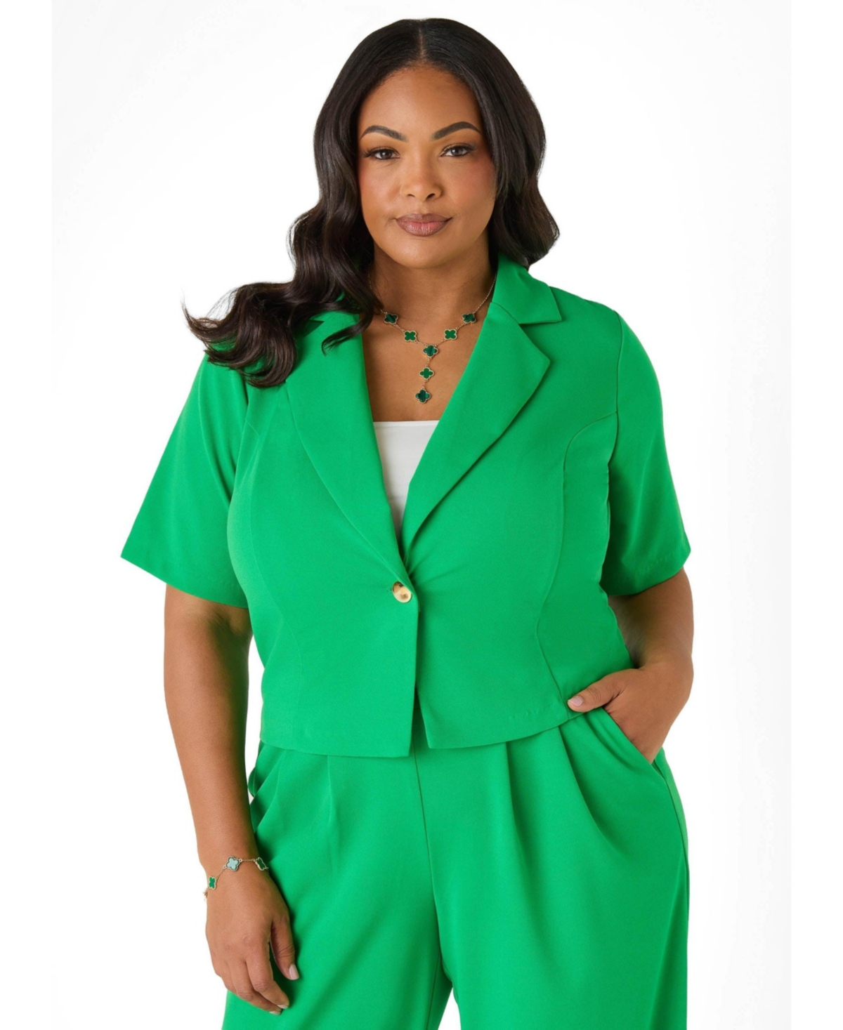 Click here for Ashley Stewart Womens Cropped Crepe Blazer - Green prices