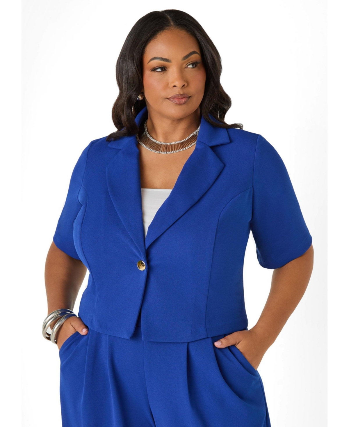 Click here for Ashley Stewart Womens Cropped Crepe Blazer - Blue prices