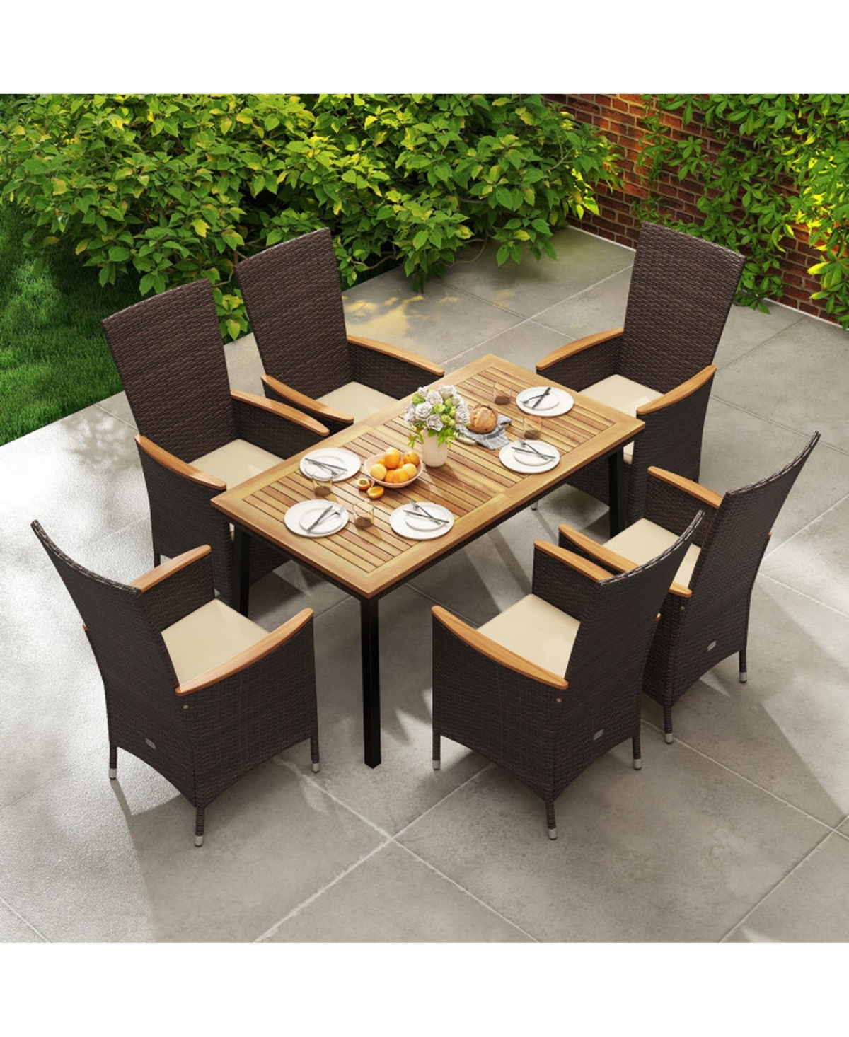 Click here for Gouun 7-Piece Outdoor Wicker Dining Set with Acaci... prices
