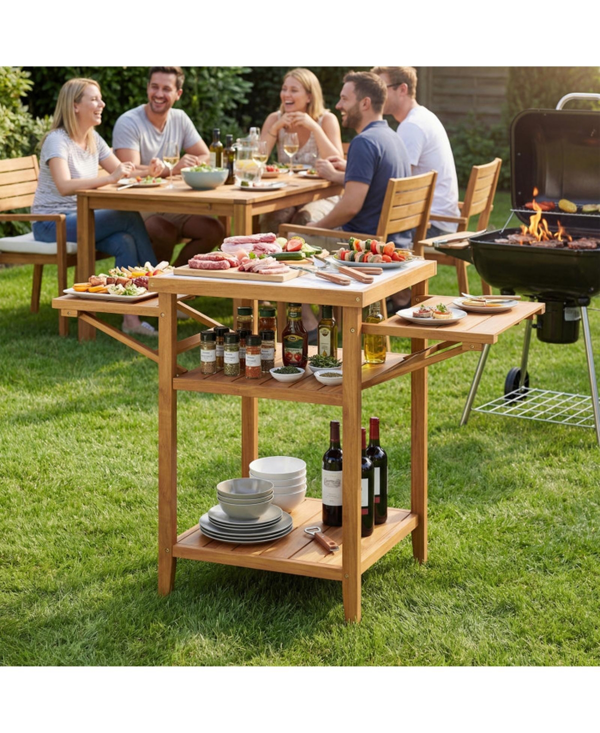 Click here for Gouun Acacia Wood Grill Table with Faux Marble Top... prices
