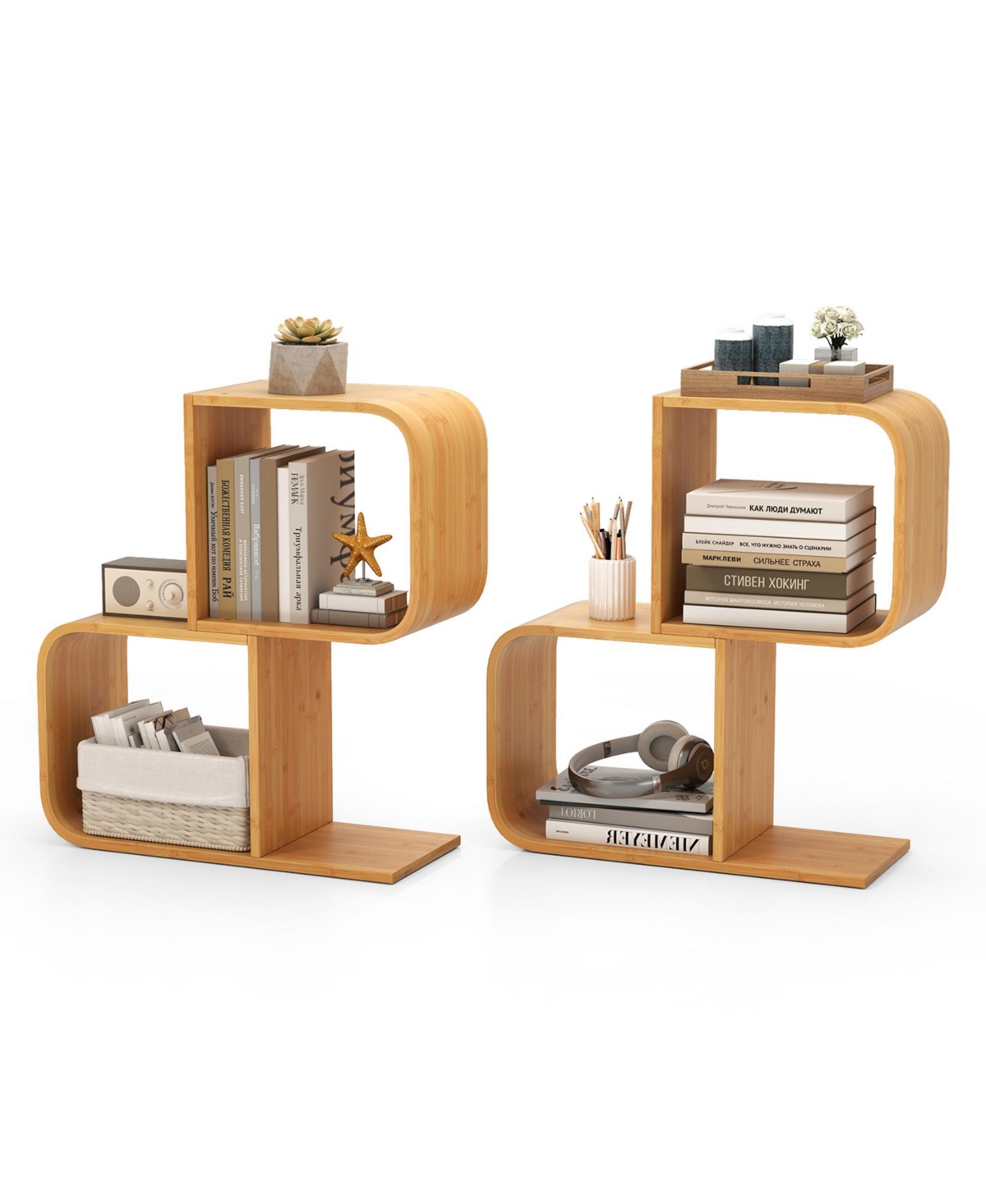 Click here for Gymax 2 Piece Bamboo Geometric Bookshelf 2-Tier S-... prices