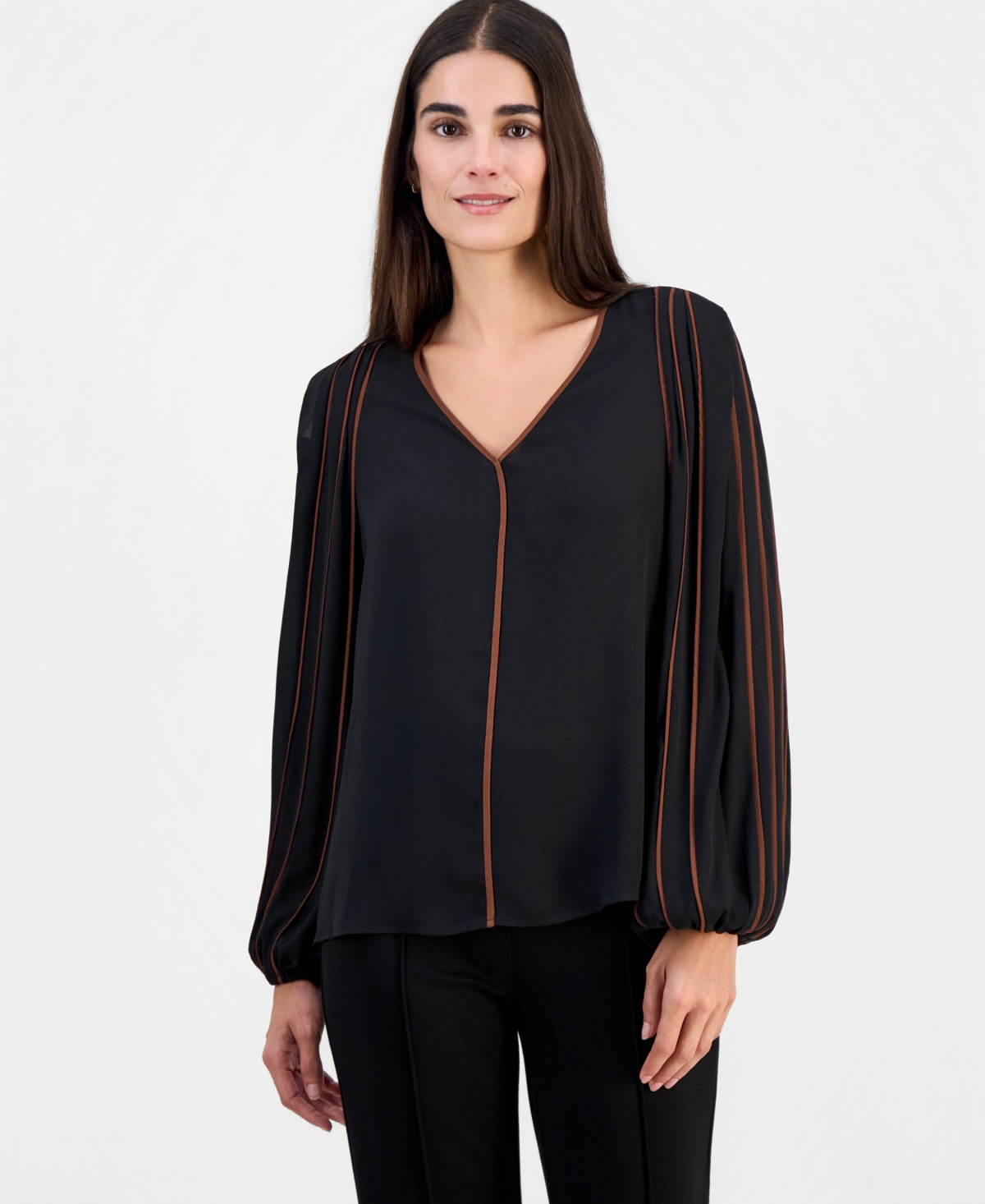 Click here for T Tahari Womens Contrast-Tipped V-Neck Blouse - Bl... prices