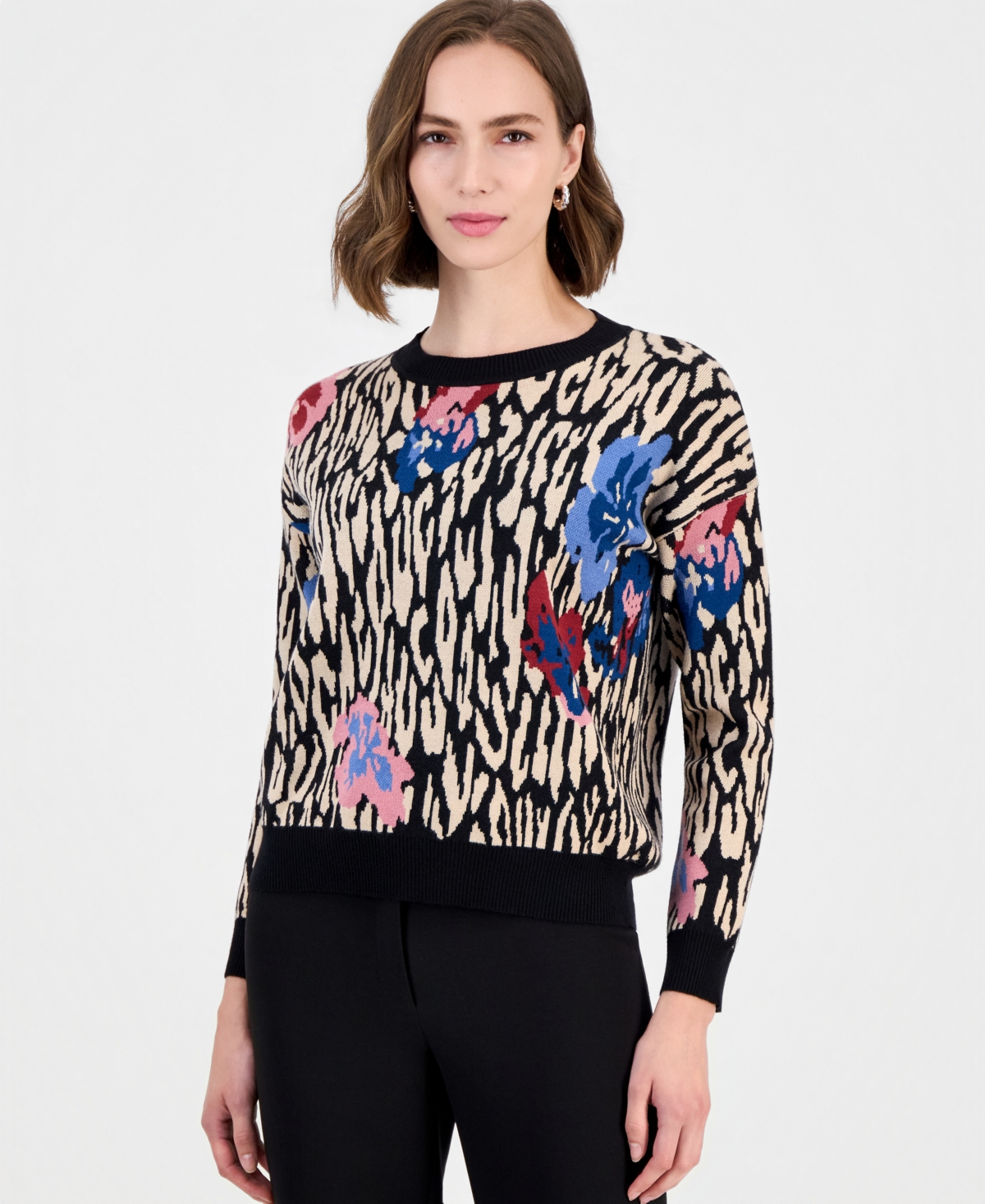 Click here for T Tahari Womens Leopard Floral Jacquard Crewneck S... prices