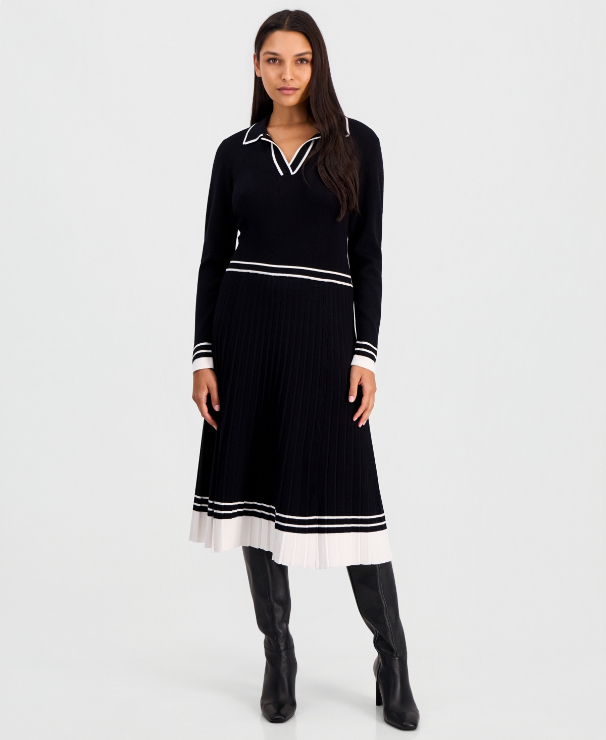Click here for T Tahari Womens Color-Blocked Polo-Collar Midi Dre... prices