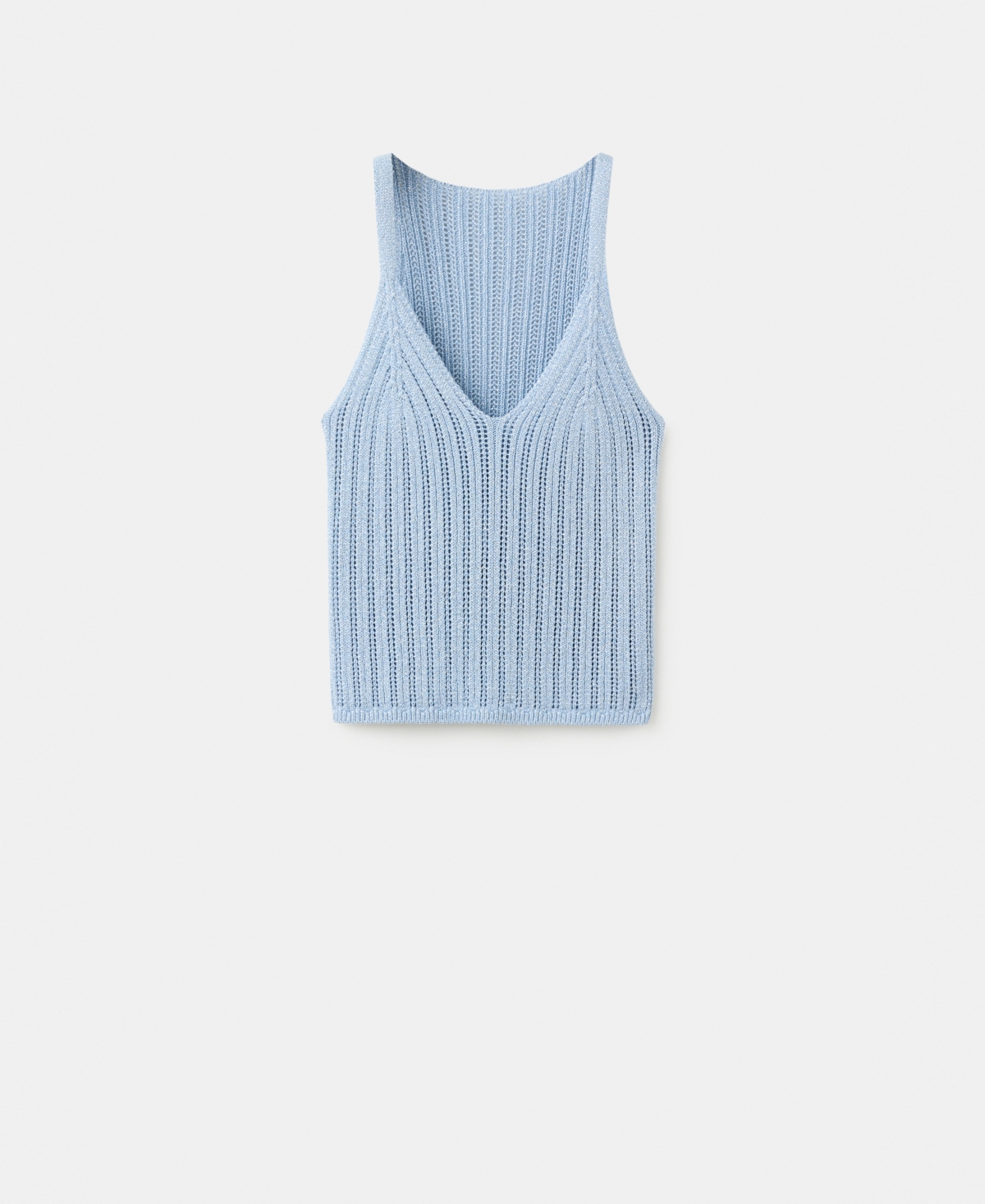 Click here for Mango Womens Metallic Openwork Knit Top - Sky Blue prices